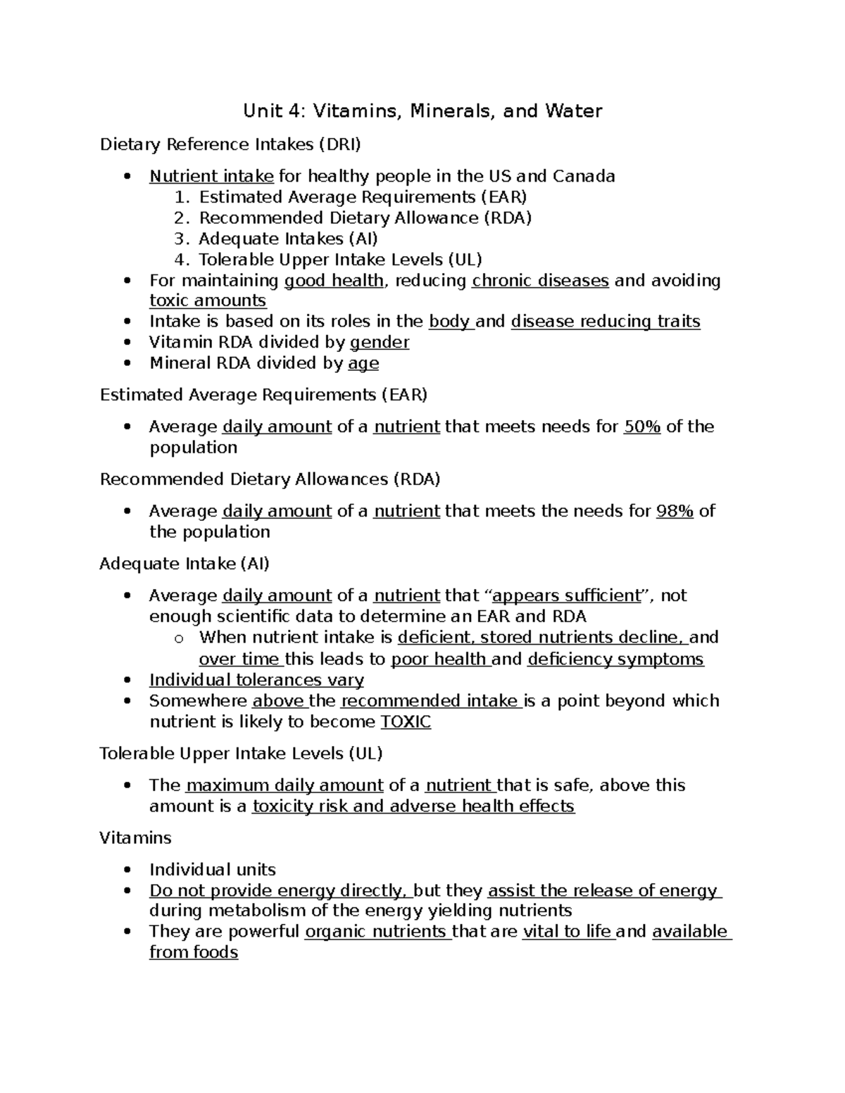 Unit 4 Notes - Unit 4: Vitamins, Minerals, and Water Dietary Reference ...