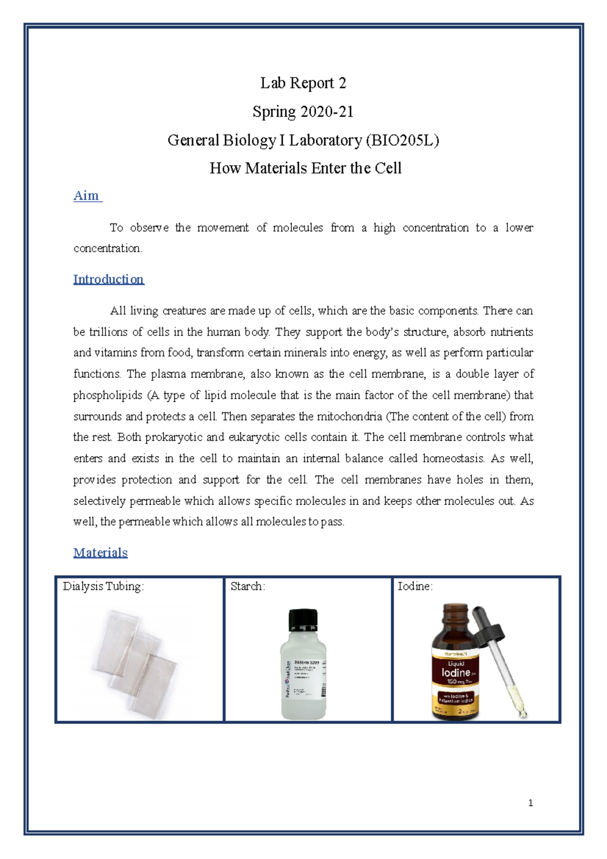 How Materials Enter the Cell - Lab Report 2 Spring 2020- General ...