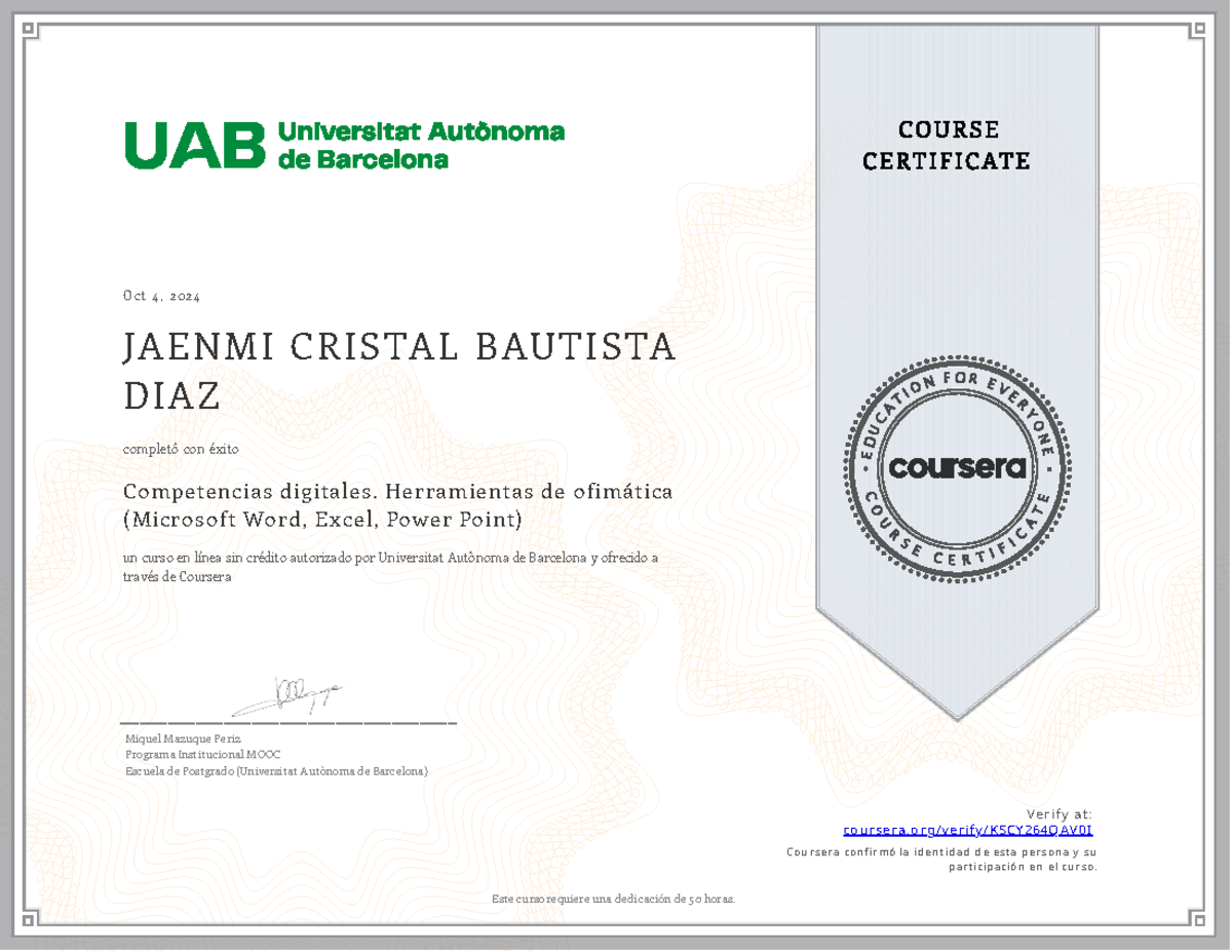 Coursera 2 - bueno - O c t 4, 2 02 4 JAENMI C RISTAL BAUTISTA DIAZ ...