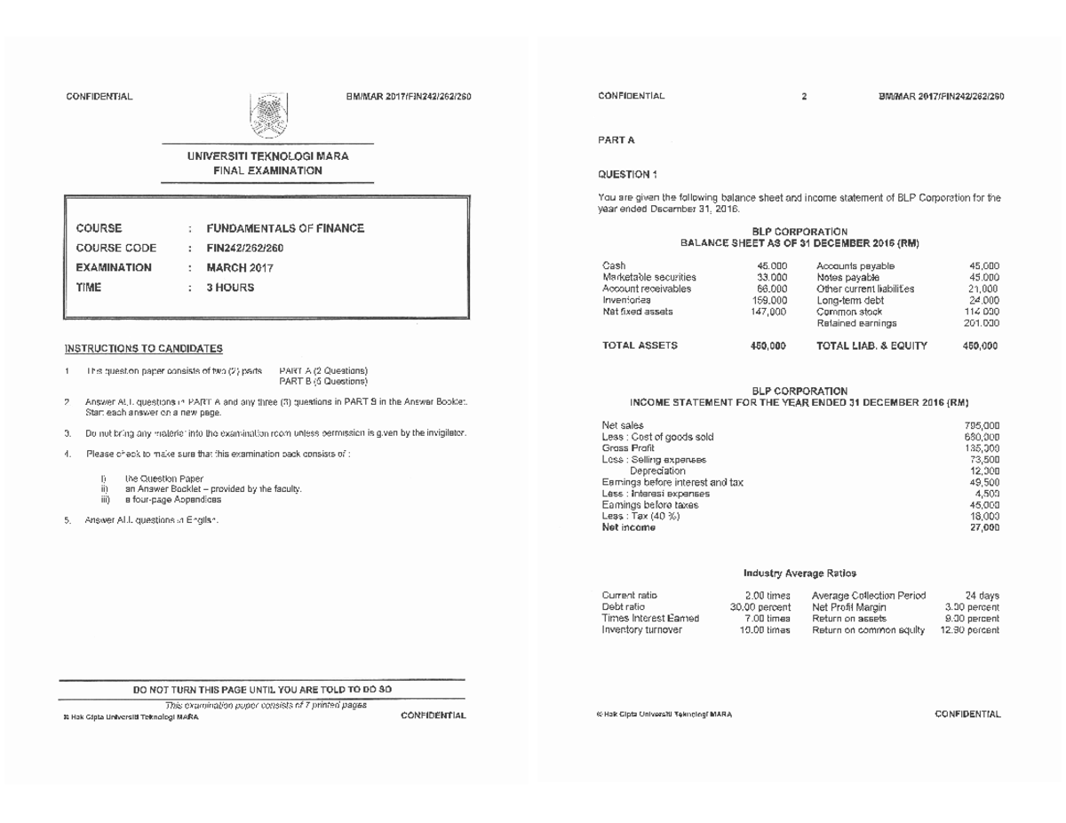 FIN242 Print 1 - PYQ - Fundamentals of Finance - Studocu