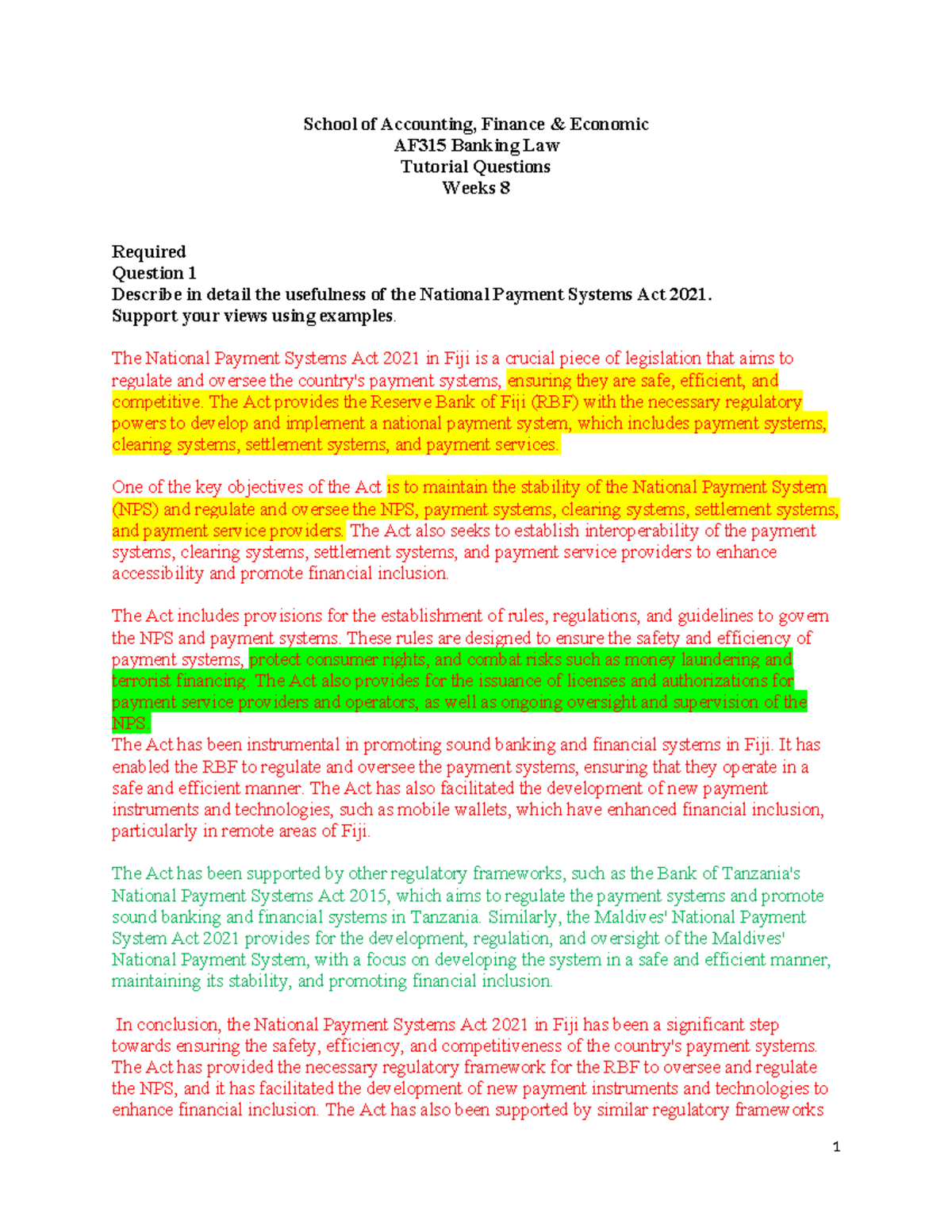 WEEK 8 Tutorial Solutions- National Payment Systems - School of Accounting, Finance & Economic ...