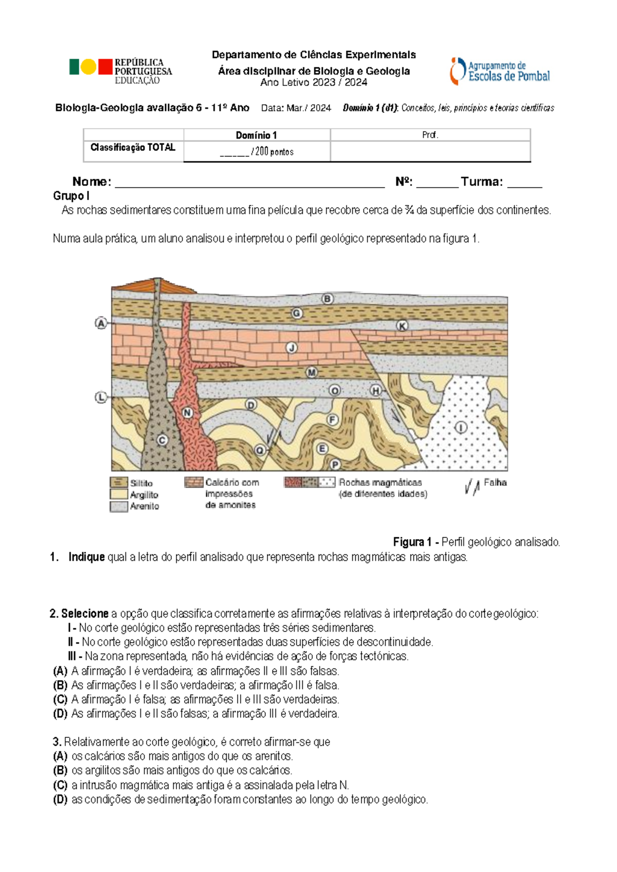 Teste 6 2024 D1 v1 - ficha de avaliação sobre geologia - Departamento ...