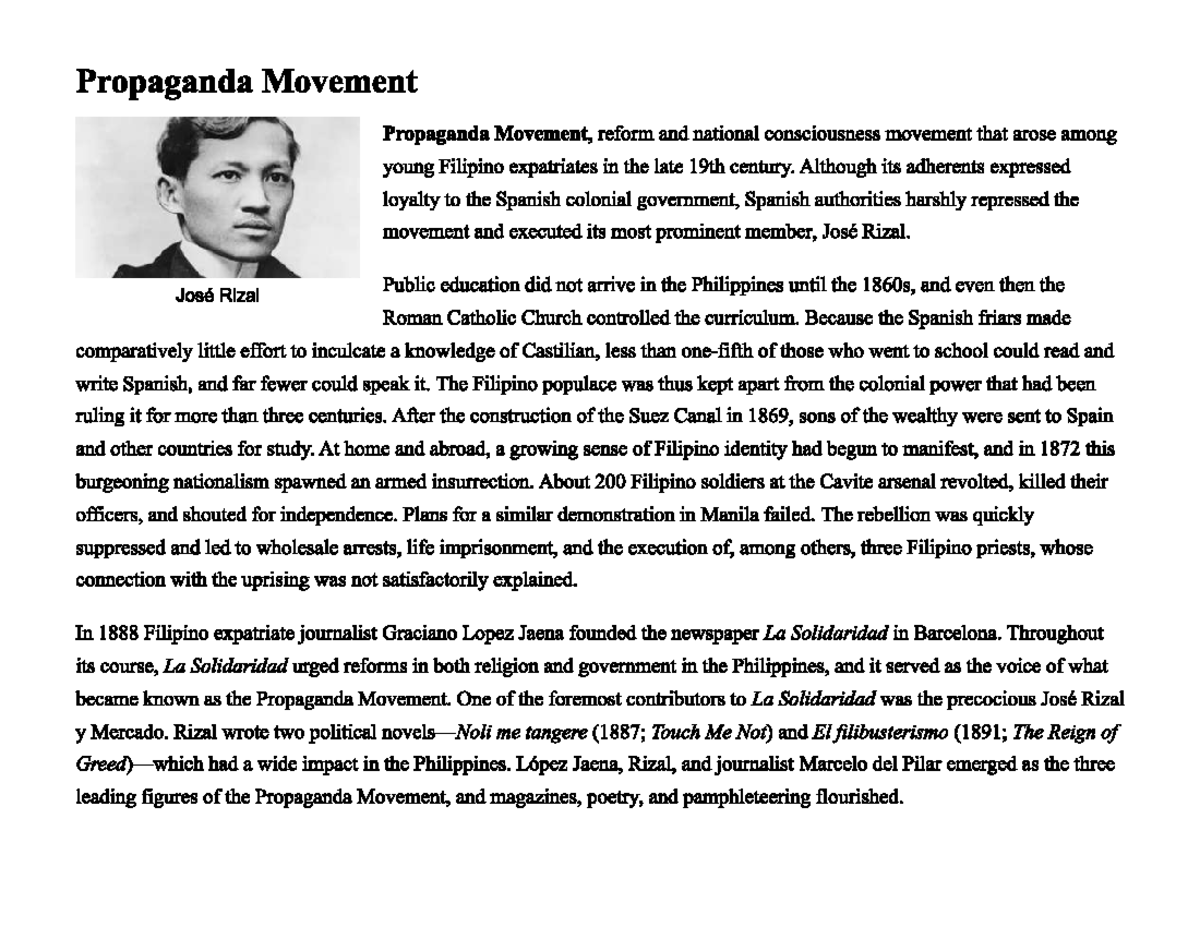 Propaganda Movement and Rizal's Writings - General Academic strand ...