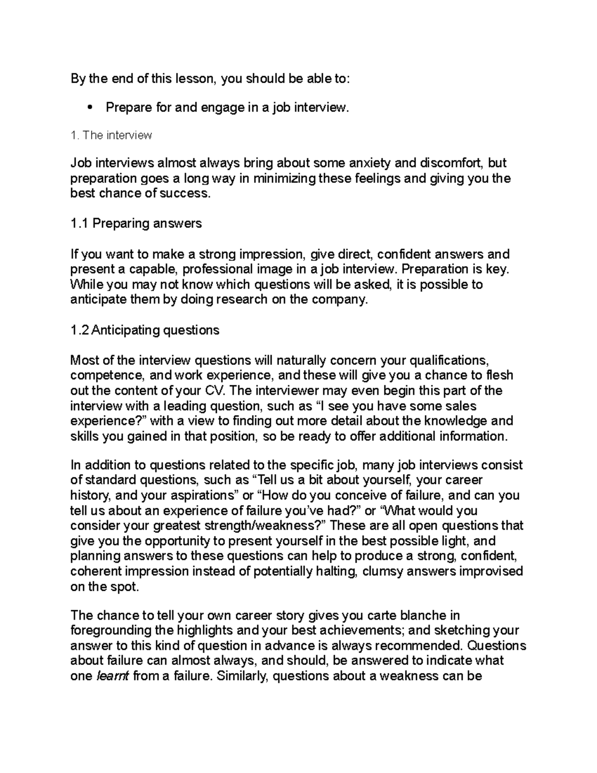 Lesson 2 job interviews - By the end of this lesson, you should be able ...