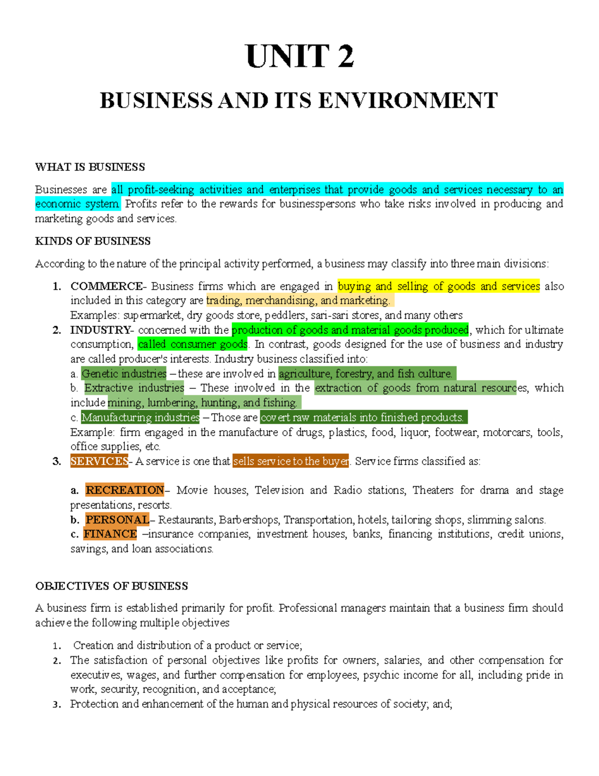UNIT-2-HOM - Organization and Management - UNIT 2 BUSINESS AND ITS ENVIRONMENT WHAT IS BUSINESS ...