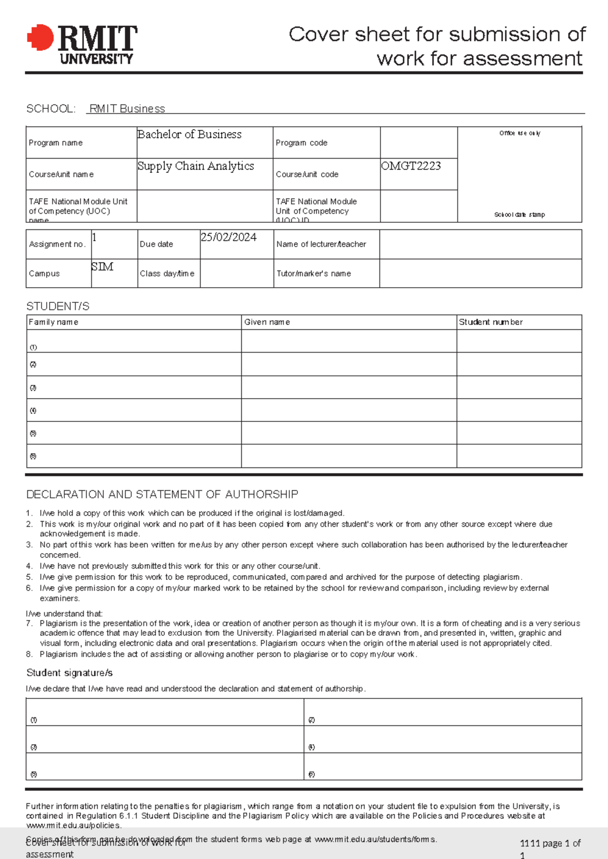 Uz Cover sheet for submission of - Cover sheet for submission of work ...