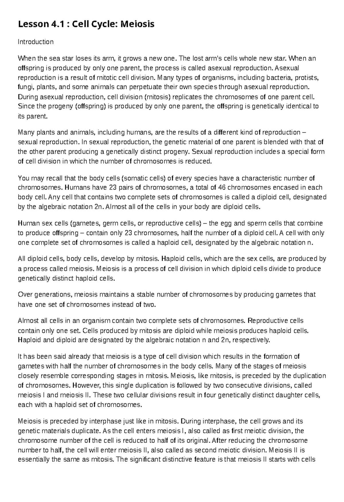 Lesson 4.1 Cell Cycle Meiosis - Lesson 4 : Cell Cycle: Meiosis ...