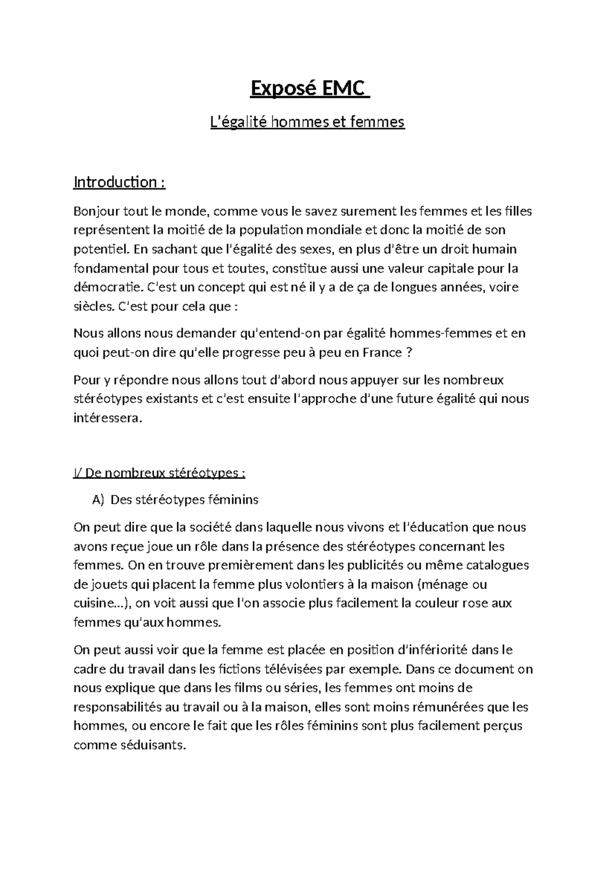 Exposé EMC egalité homme femme - Exposé EMC L’égalité hommes et femmes Introduction : Bonjour ...