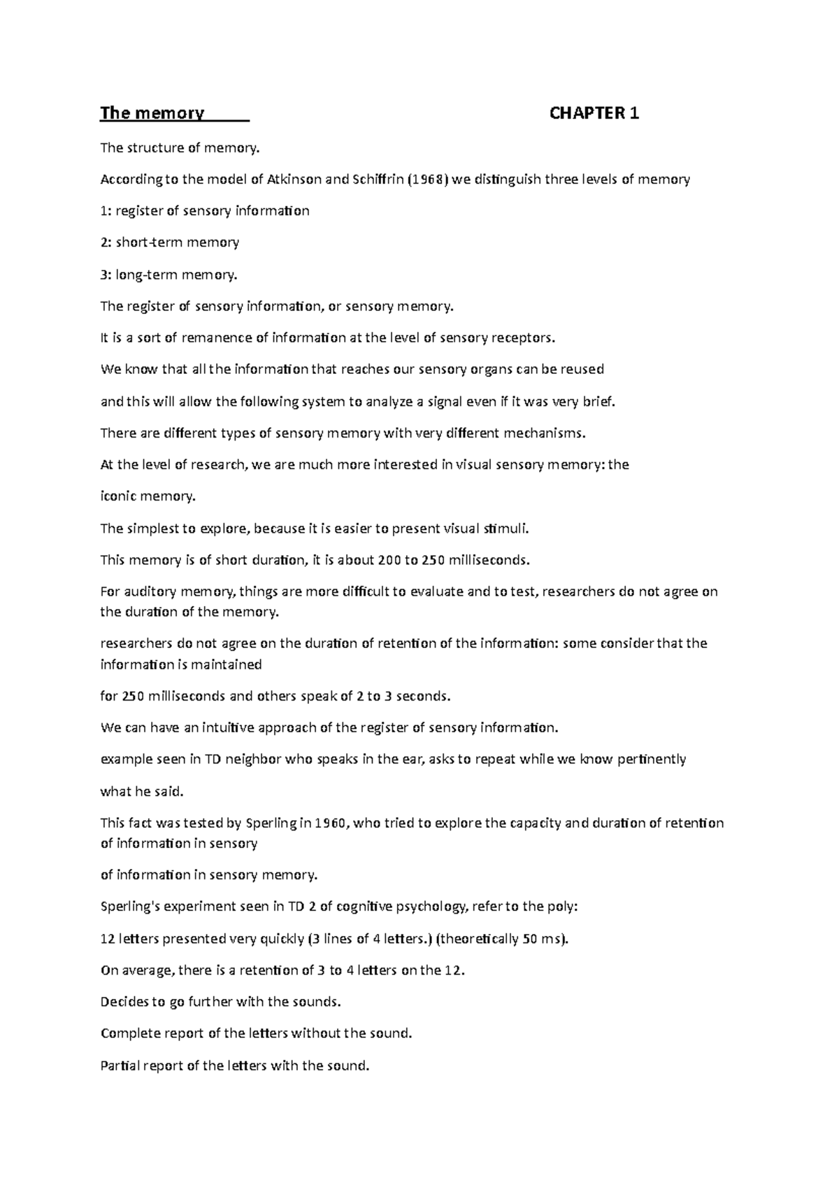 The memory Chapter 1 - The memory CHAPTER 1 The structure of memory ...