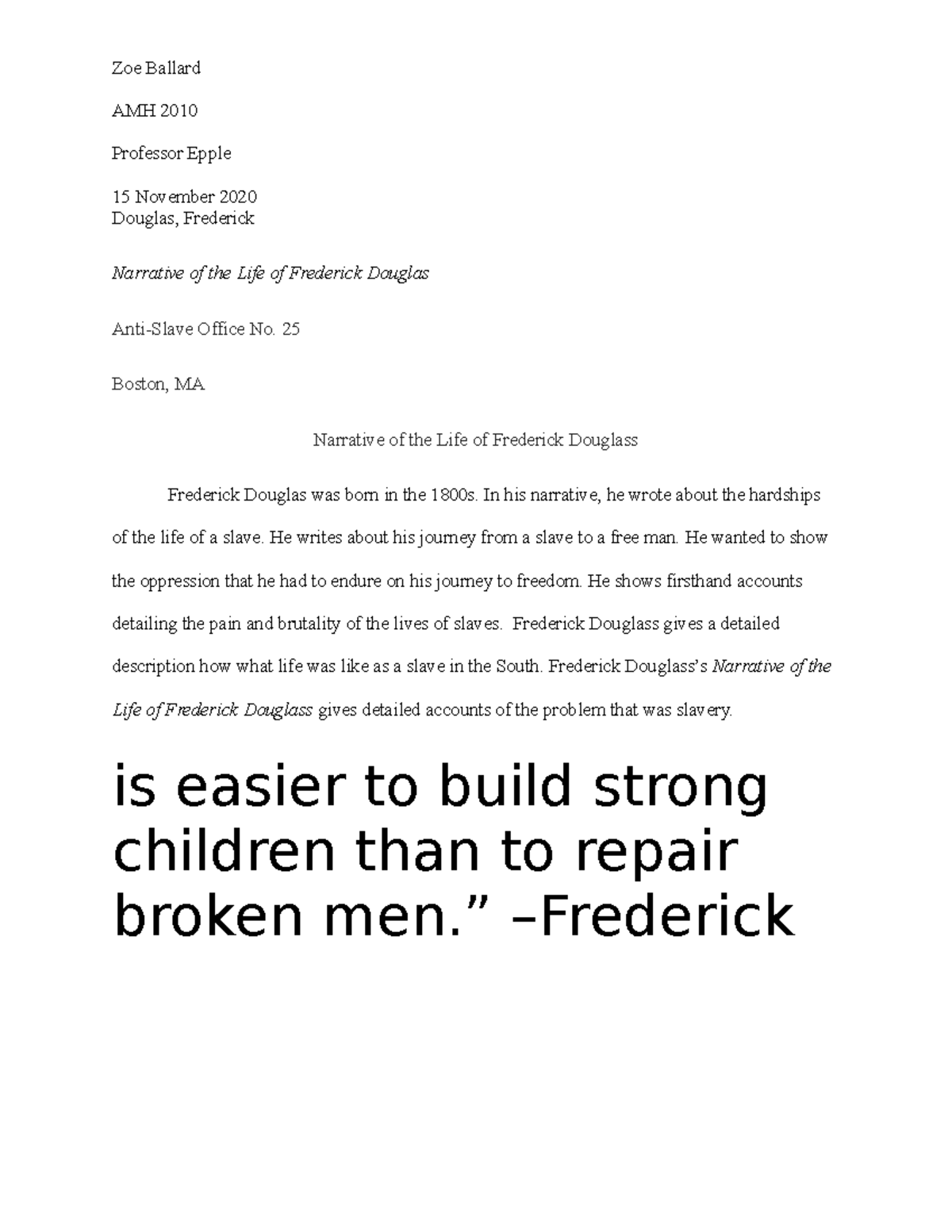 Fredrick Douglass - Professor Michael Epple Book Review - AMH 2010 ...