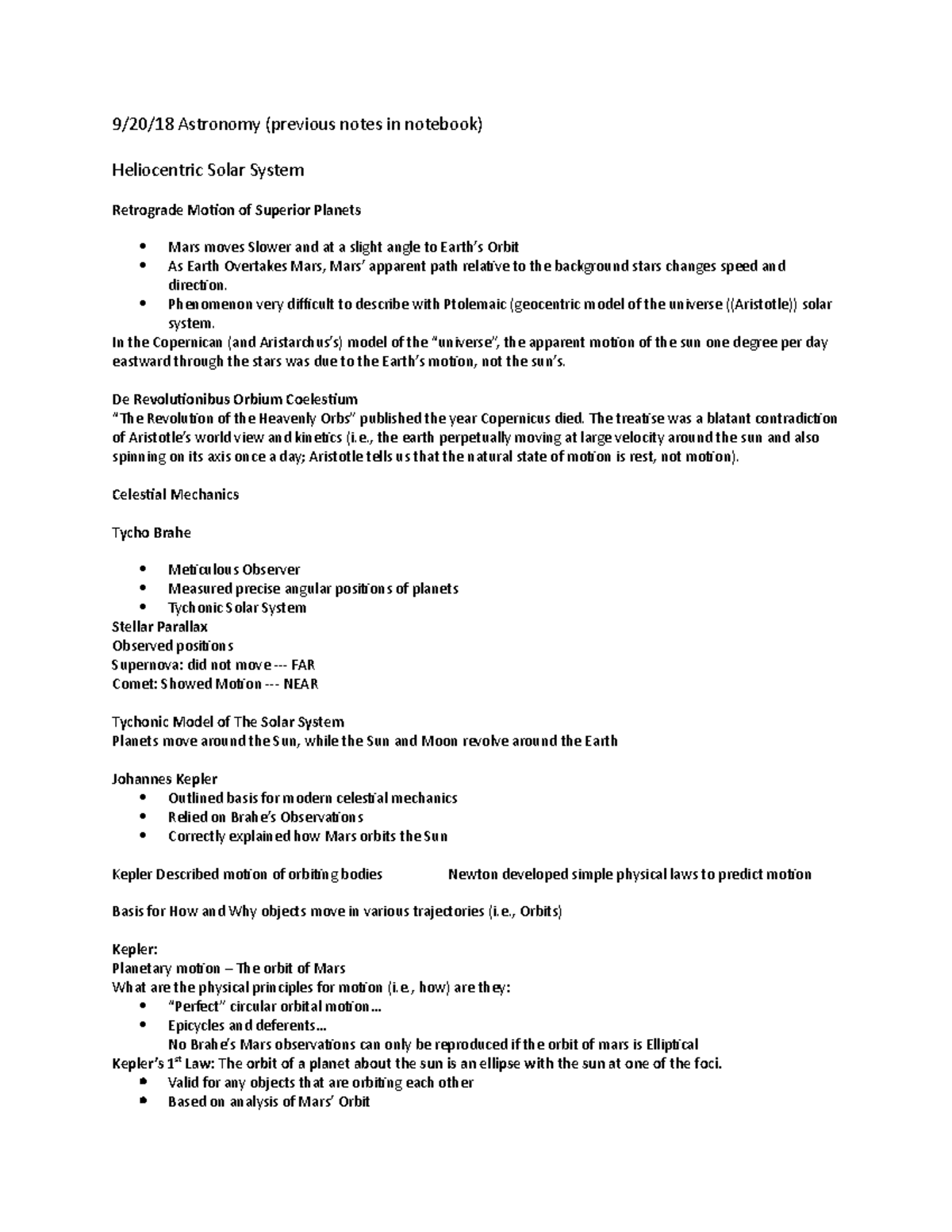 Astronomy Kepler's laws - 9/20/18 Astronomy (previous notes in notebook ...