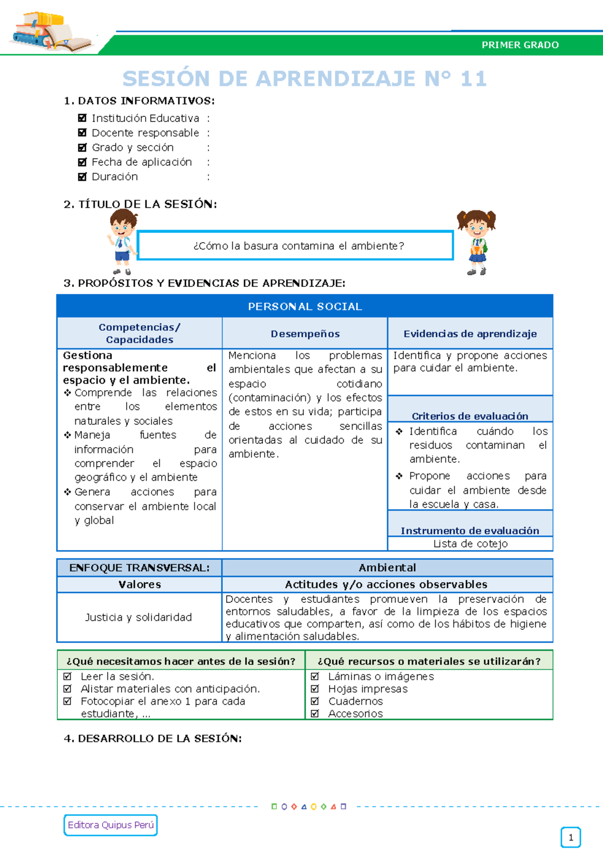 1.- Sesiones de aprendizaje - EDA IV Semana 2 - Editora Quipus Perú - SESIÓN DE APRENDIZAJE N ...