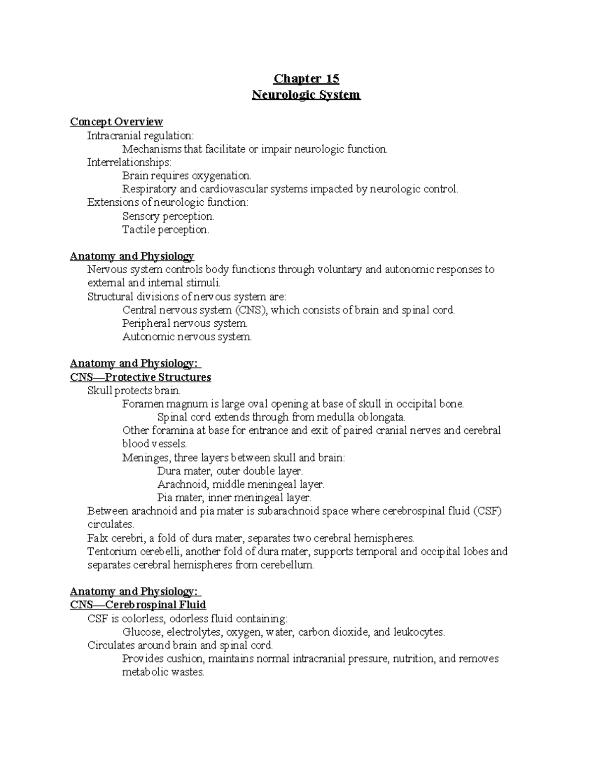 Chapter 15 Notes (1) - Chapter 15 Neurologic System Concept Overview ...