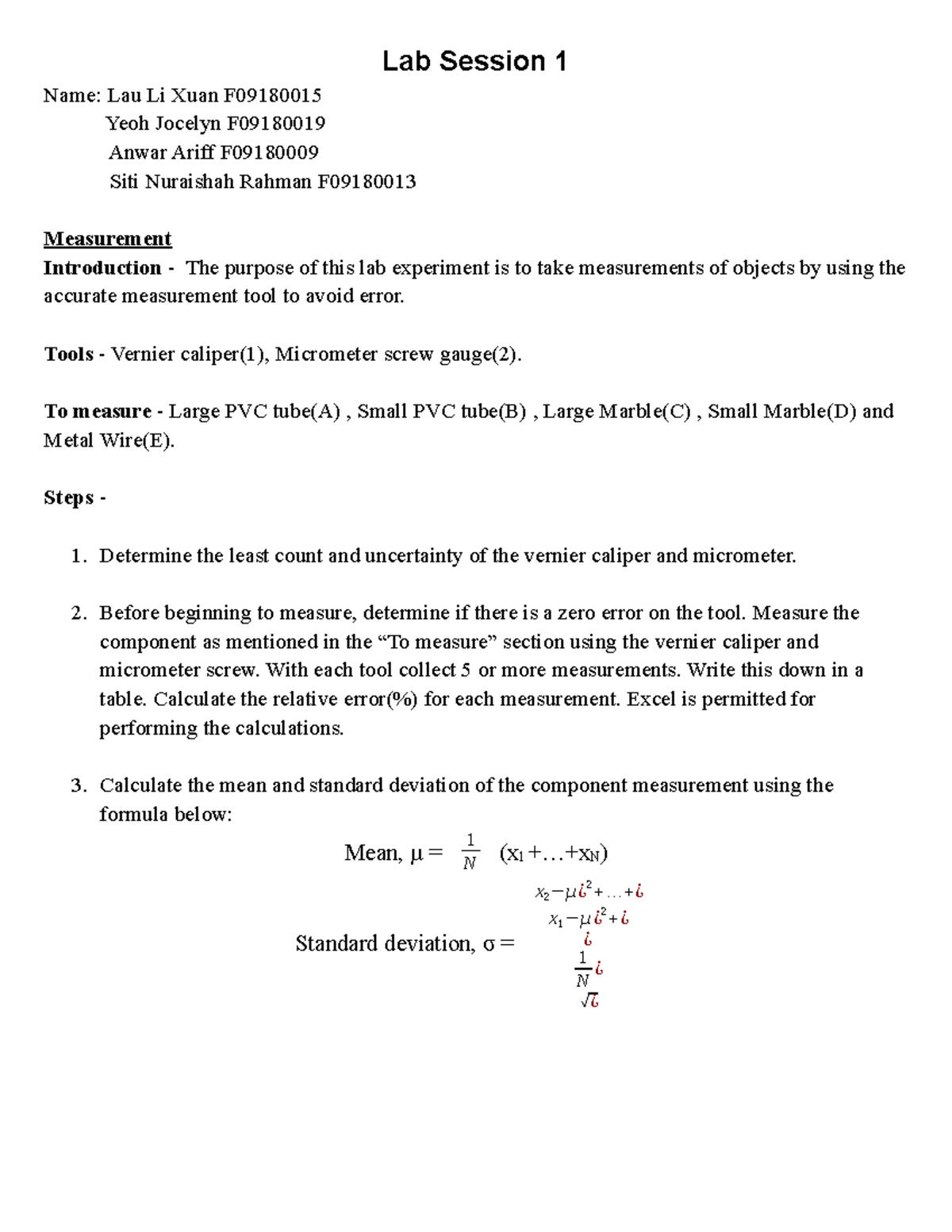 Lab Session 1 about measurement and error - Lab Session 1 Name: Lau Li ...