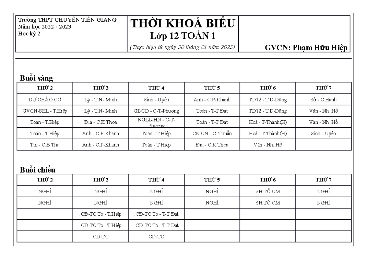TKB LOP LAN 16 - HK2-2-GDDP - Năm học 2022 - 2023 Học kỳ 2 THỜI KHOÁ BIỂU Lớp 12 TOÁN 1 (Thực ...