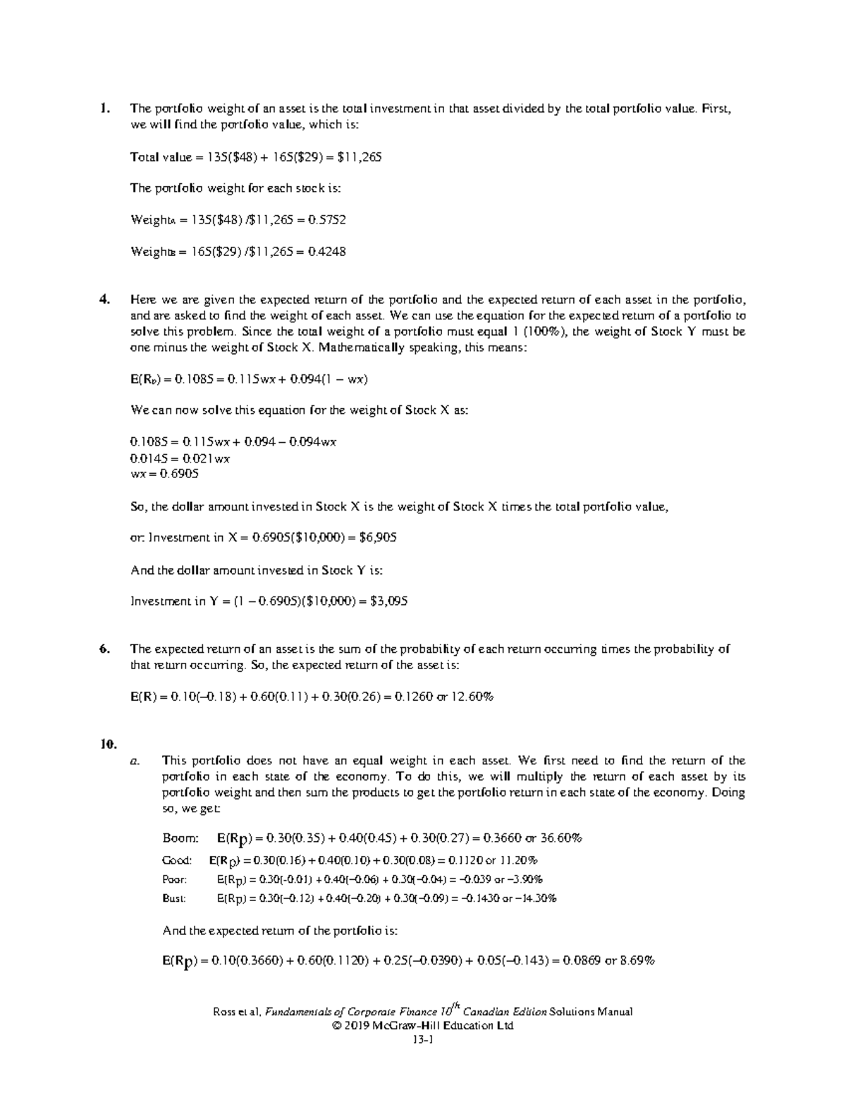 Assignment Week 9 Solutions - chap 13 (Q1, 4, 6, 10) - 1. The portfolio ...