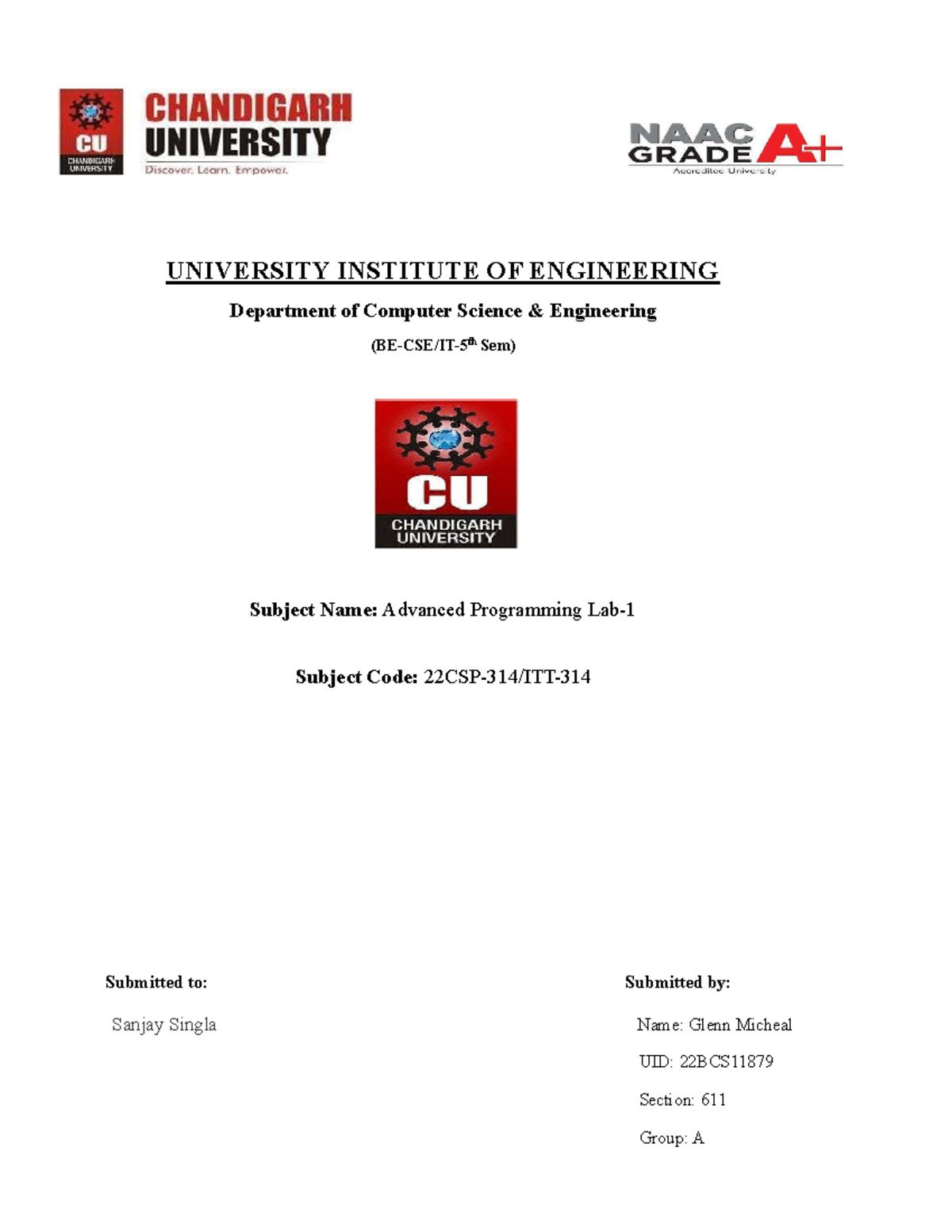 Glenn-AP1 - Experiment 1 - UNIVERSITY INSTITUTE OF ENGINEERING Department of Computer Science ...