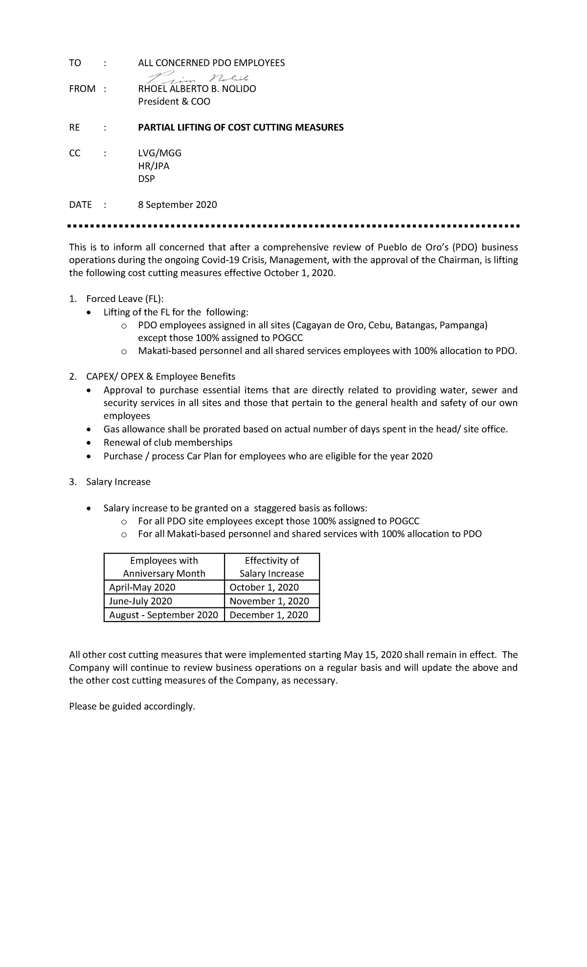 PDO lifting of restrictions 09072020 - TO : ALL CONCERNED PDO EMPLOYEES ...