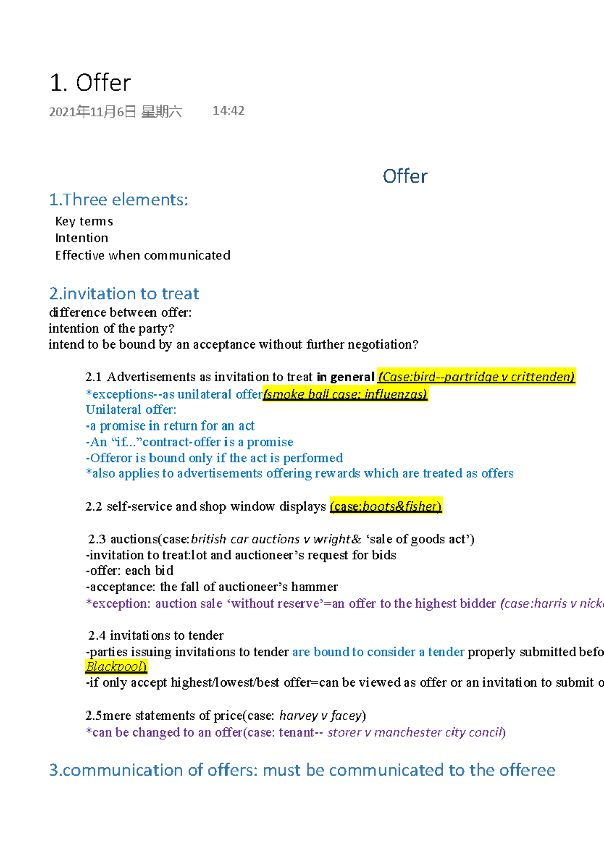 unit 1 Offer of contract law - Offer 1 elements: Key terms Intention ...