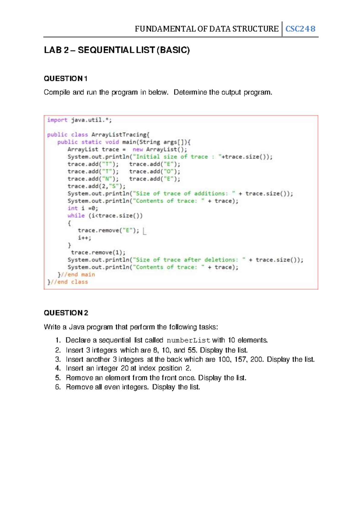 Lab 2 Sequential List Basic Fundamental Of Data Structure Csc24