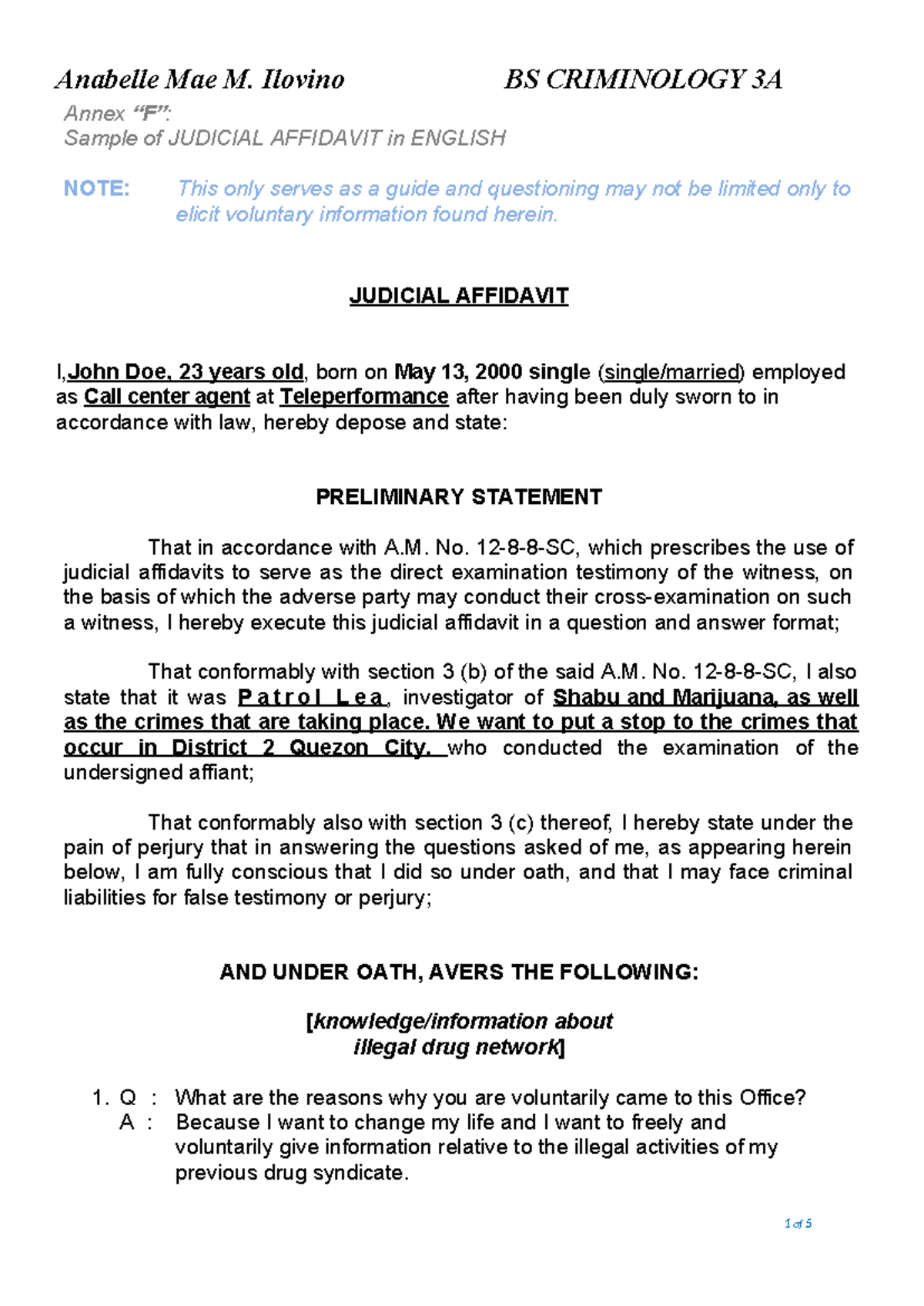 Annex F. Judicial Affidavit Ilovino, Anabelle MAE M - Anabelle Mae M ...
