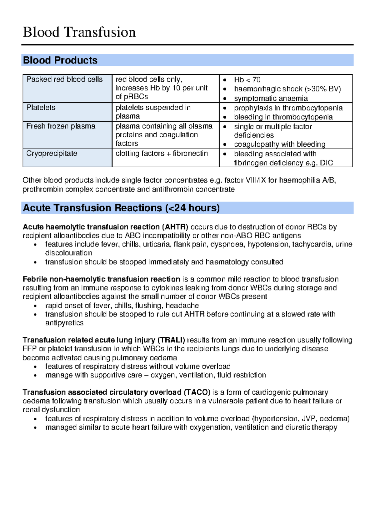 Blood Transfusion - Key pathology summary - Blood Transfusion Blood ...