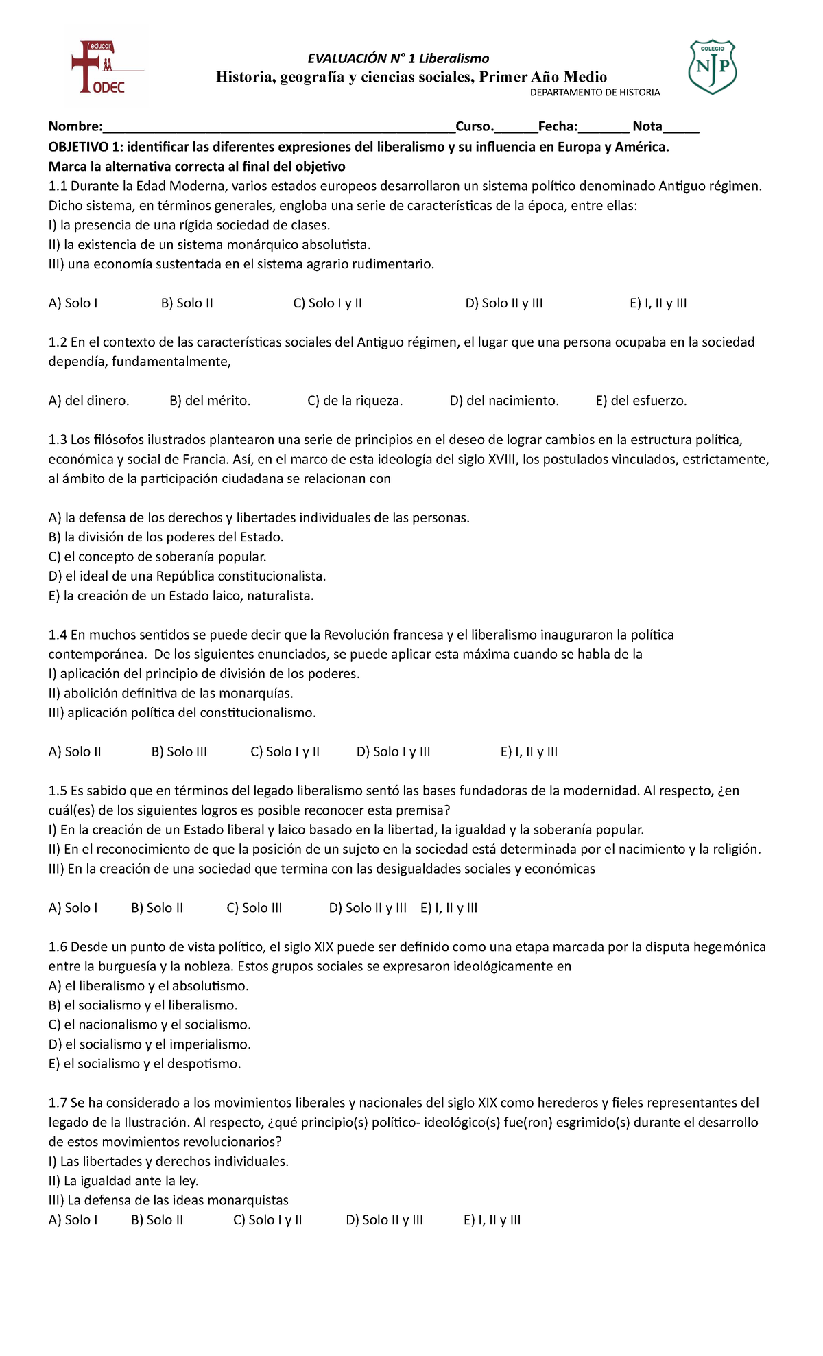 Prueba liberalismo - Pruebita de Historia primero medio salud2 - Historia, geografía y ciencias ...