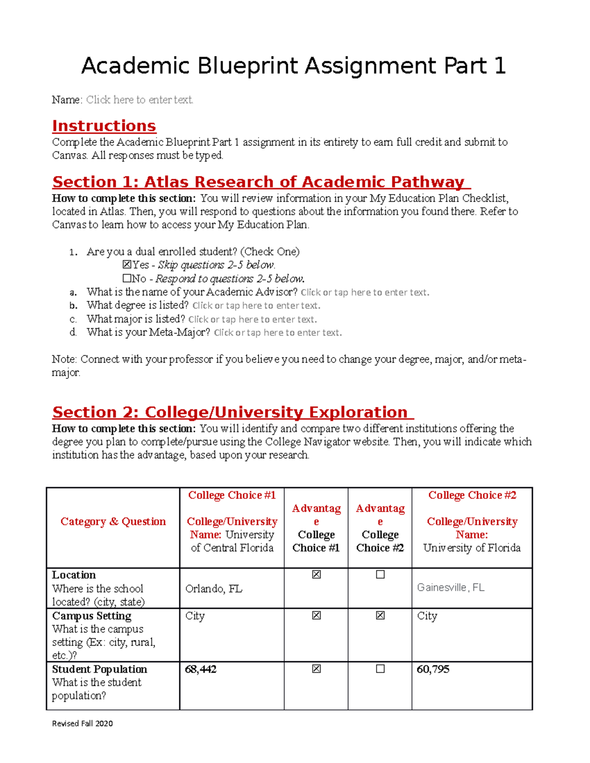 Academic Blueprint Part 1 Rev FA 20 - Academic Blueprint Assignment Part 1 Name: Click here to ...