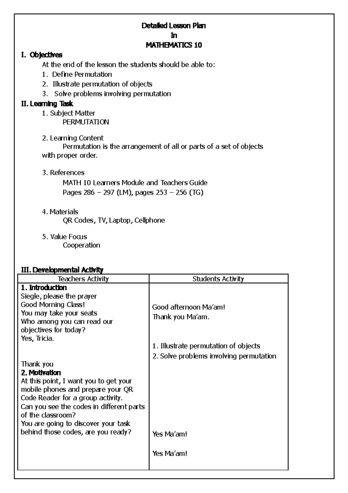Detailed Lesson Plan In Mathematics 10 1 Permutations Teacher Loreen