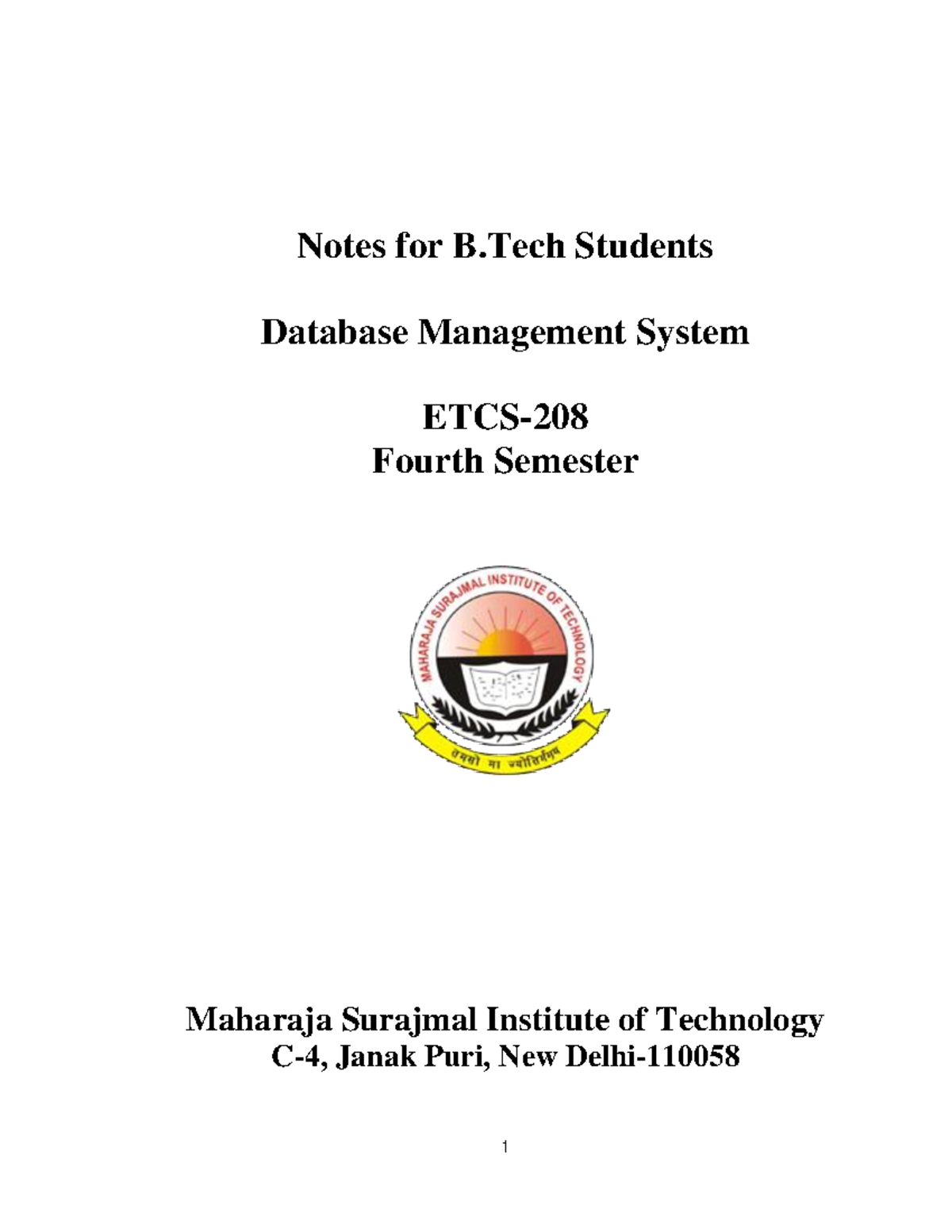 MSIT Notes - Notes for B Students Database Management System ETCS- 208 ...