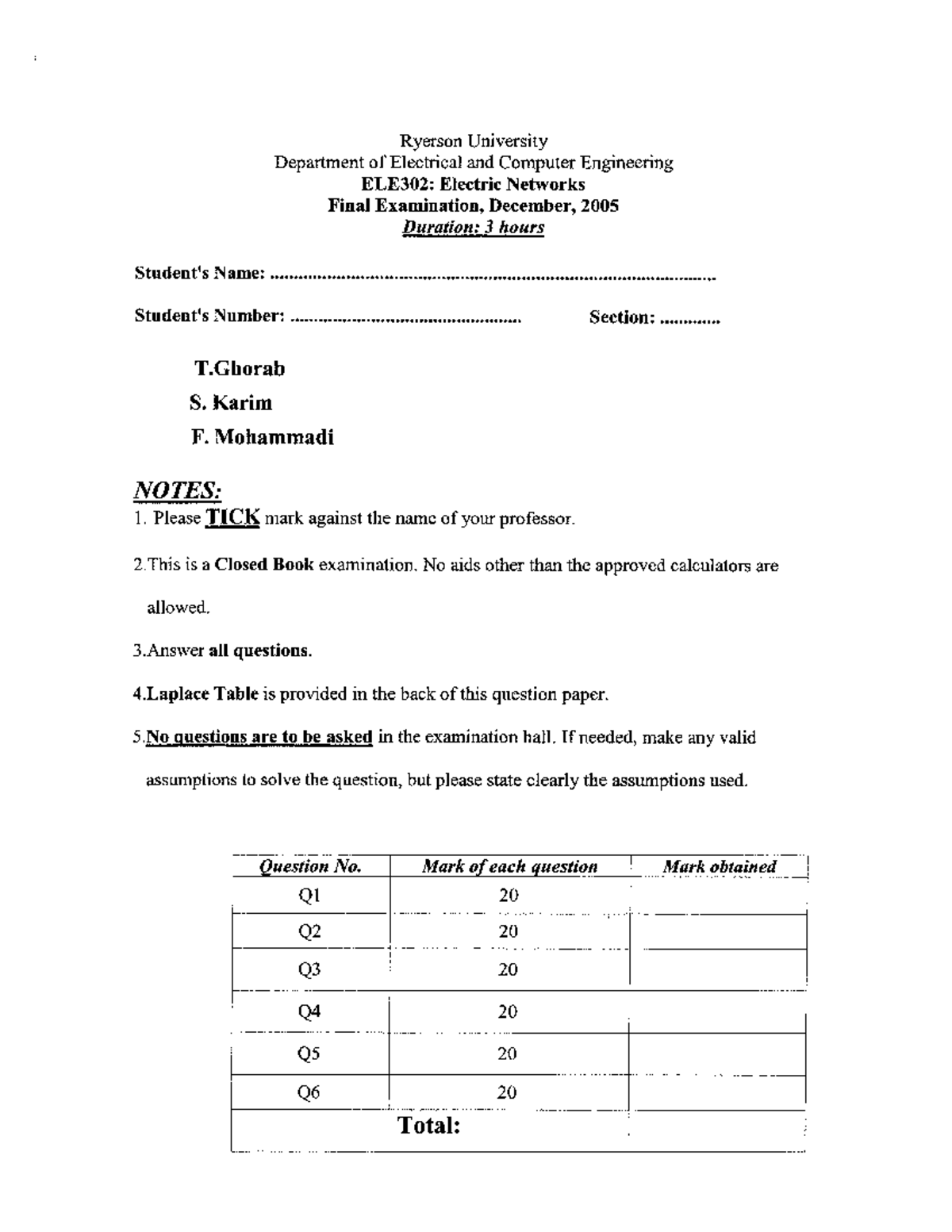 Exam December 2005, Questions - Final - ELE 302 - Studocu
