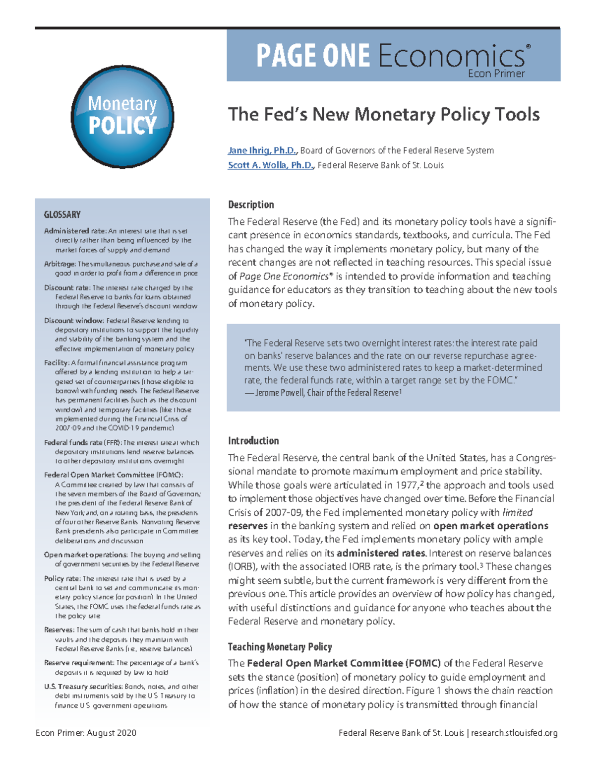 The Fed's New Monetary Policy Tools Page One Econ Primer - Description ...