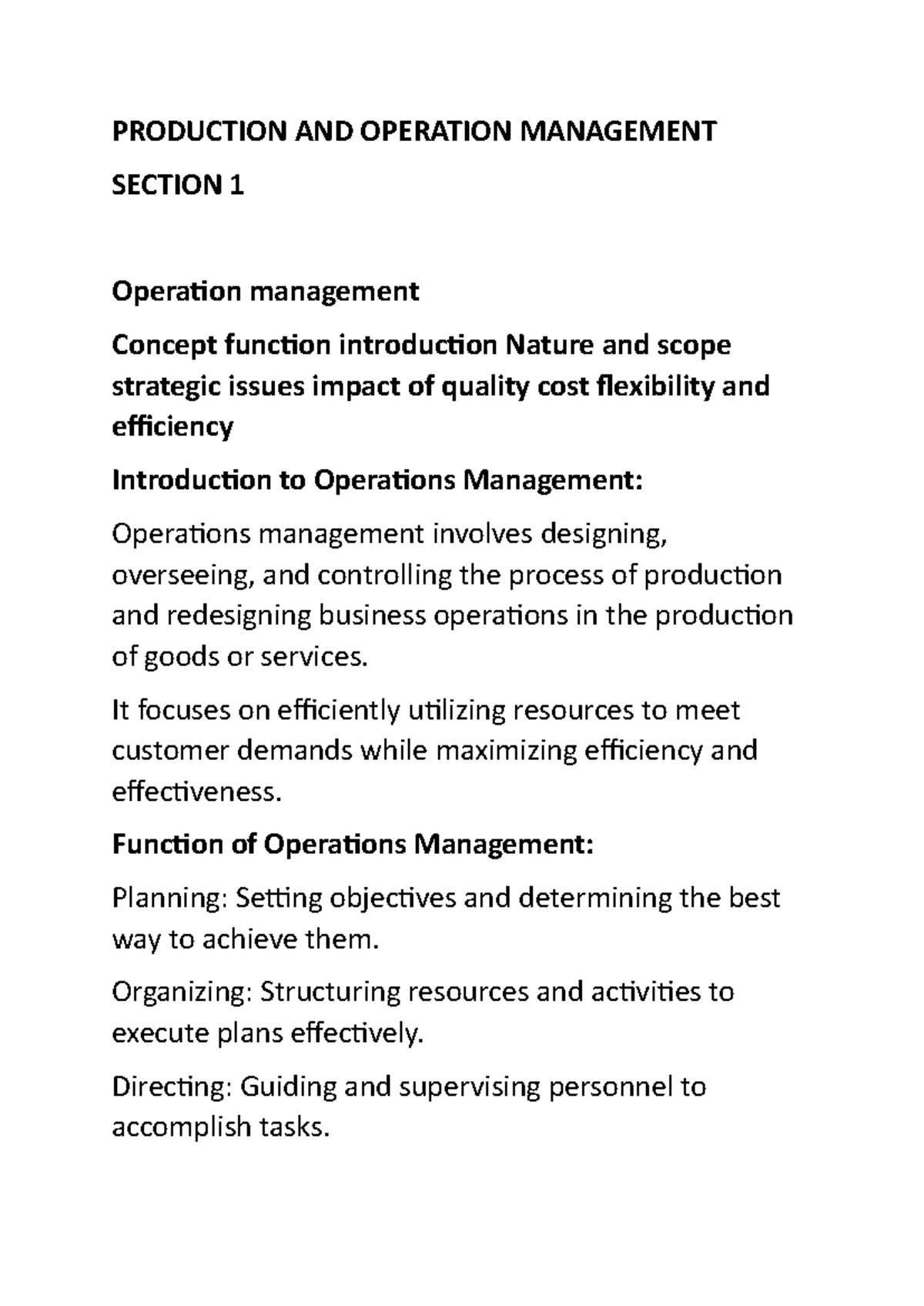 Notes Production AND Operation Management - PRODUCTION AND OPERATION ...