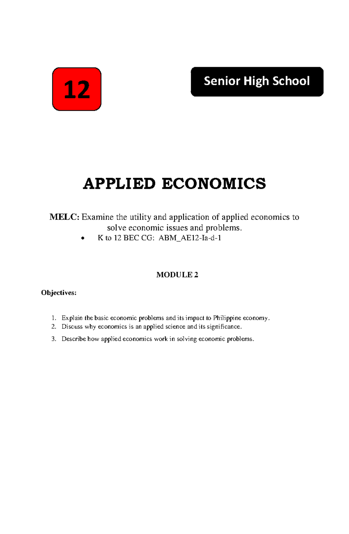 2. Module- Applied- Economics 12 - APPLIED ECONOMICS MELC: Examine the ...