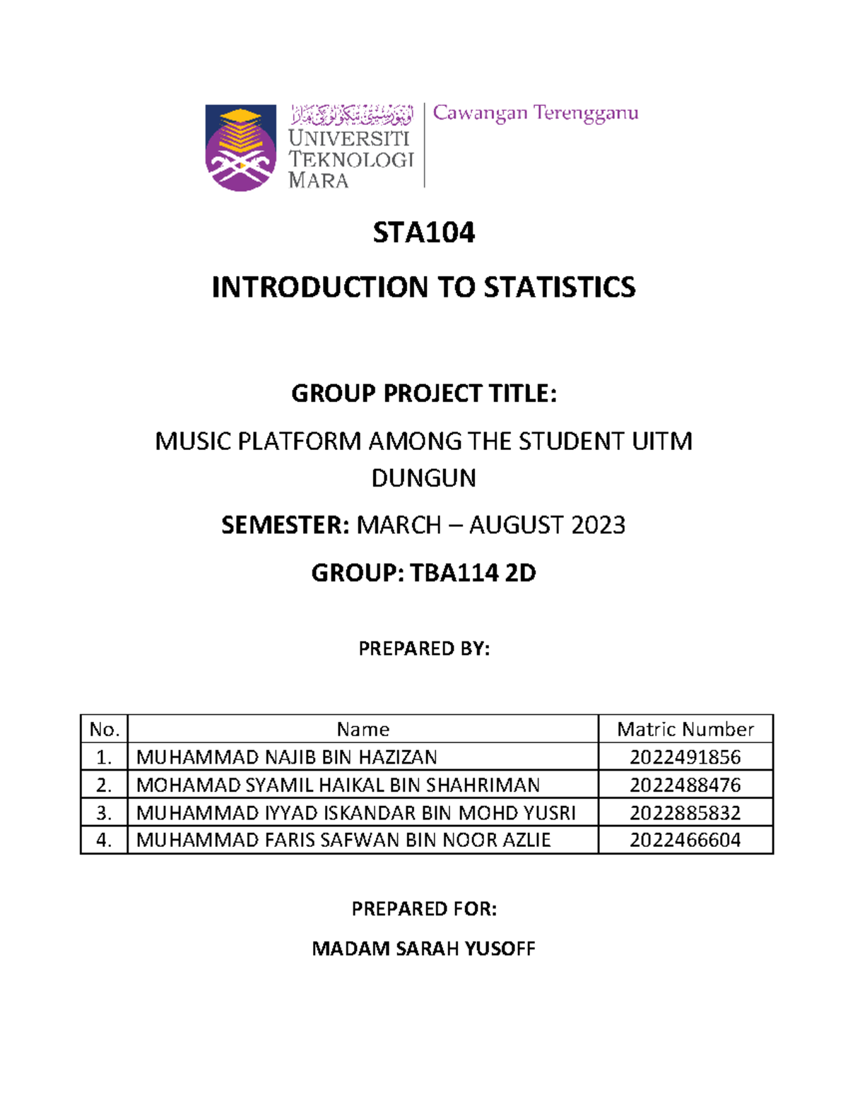 Assignment STA104 Latest - STA INTRODUCTION TO STATISTICS GROUP PROJECT ...