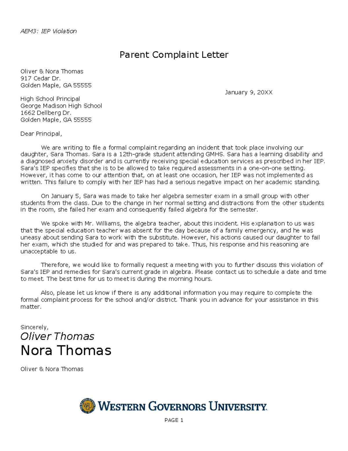 Parent Complaint Letter - AEM3: IEP Violation Parent Complaint Letter ...
