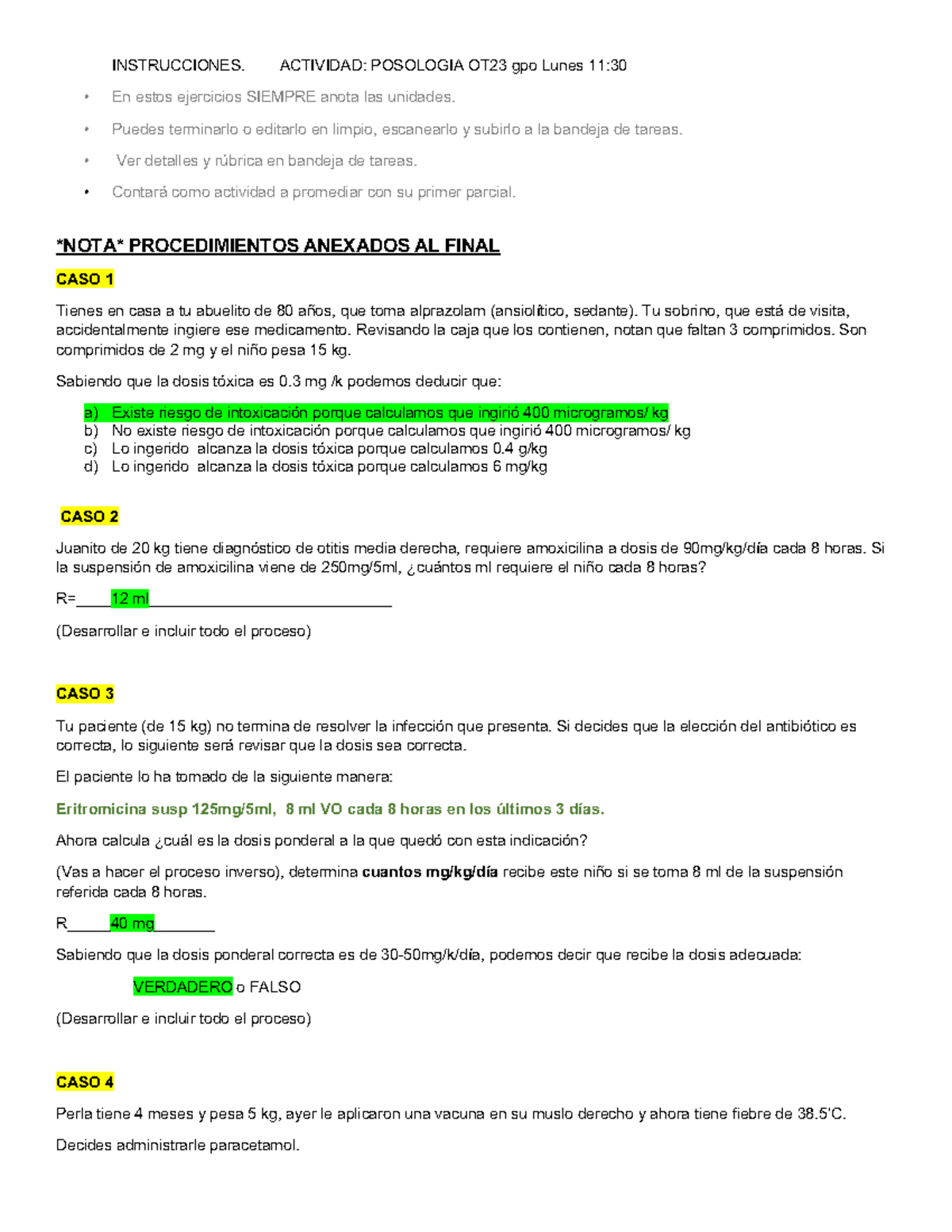 Ejercicio Posologia tarea OT23 v1 L 1130 - INSTRUCCIONES. ACTIVIDAD: POSOLOGIA OT23 gpo Lunes 11 ...