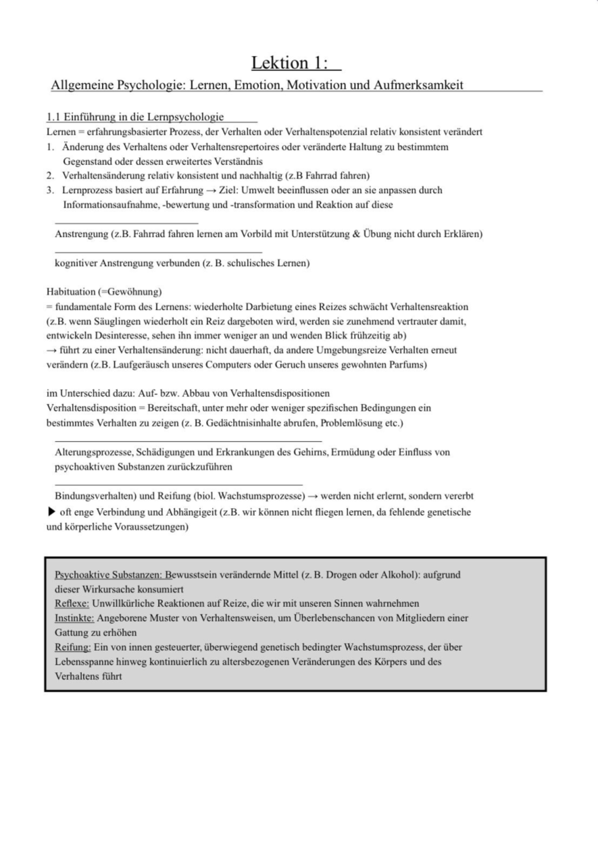 Lernzettel - Lektion 1: Allgemeine Psychologie: Lernen, Emotion, Motivation und Aufmerksamkeit 1 ...