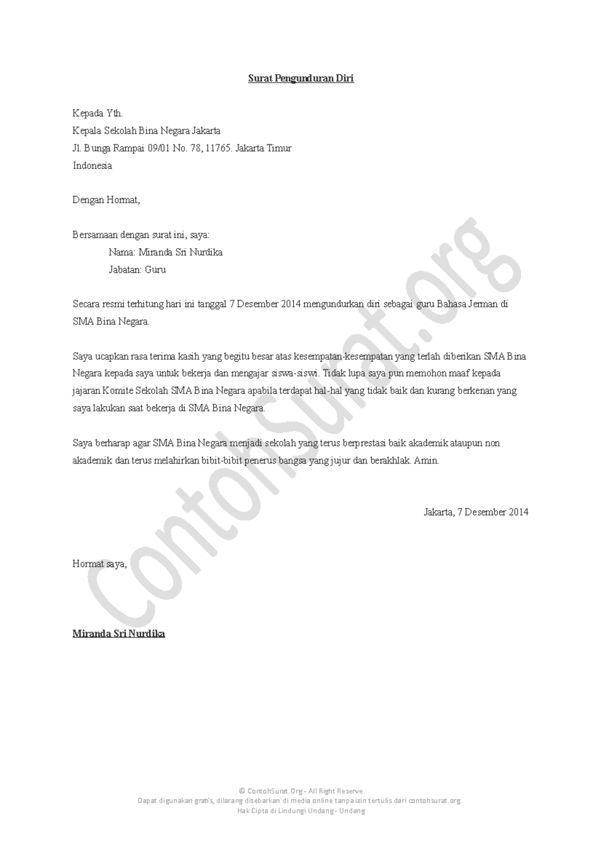 Contoh Surat Pengunduran Diri dari Guru - Surat Pengunduran Diri Kepada ...