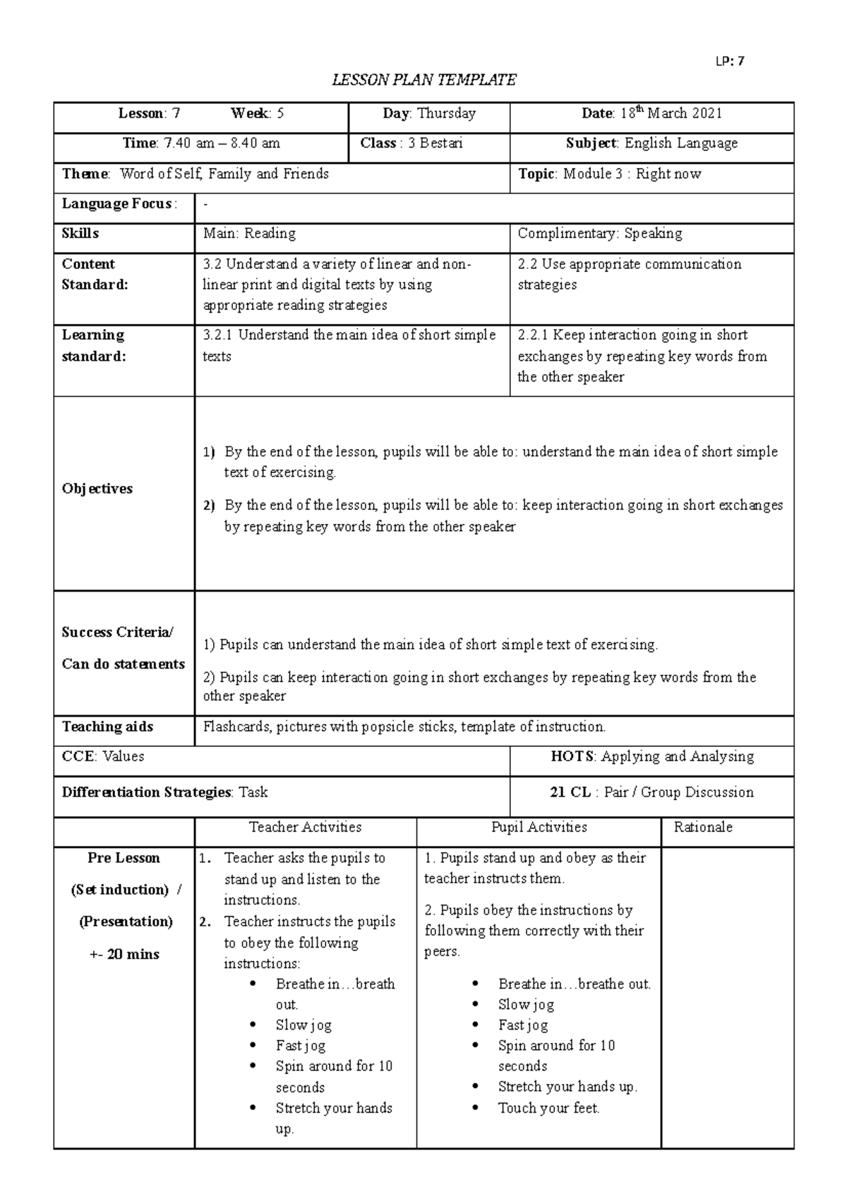 Lesson 7 WEEK 5 - our world - LP: 7 LESSON PLAN TEMPLATE Lesson : 7 ...