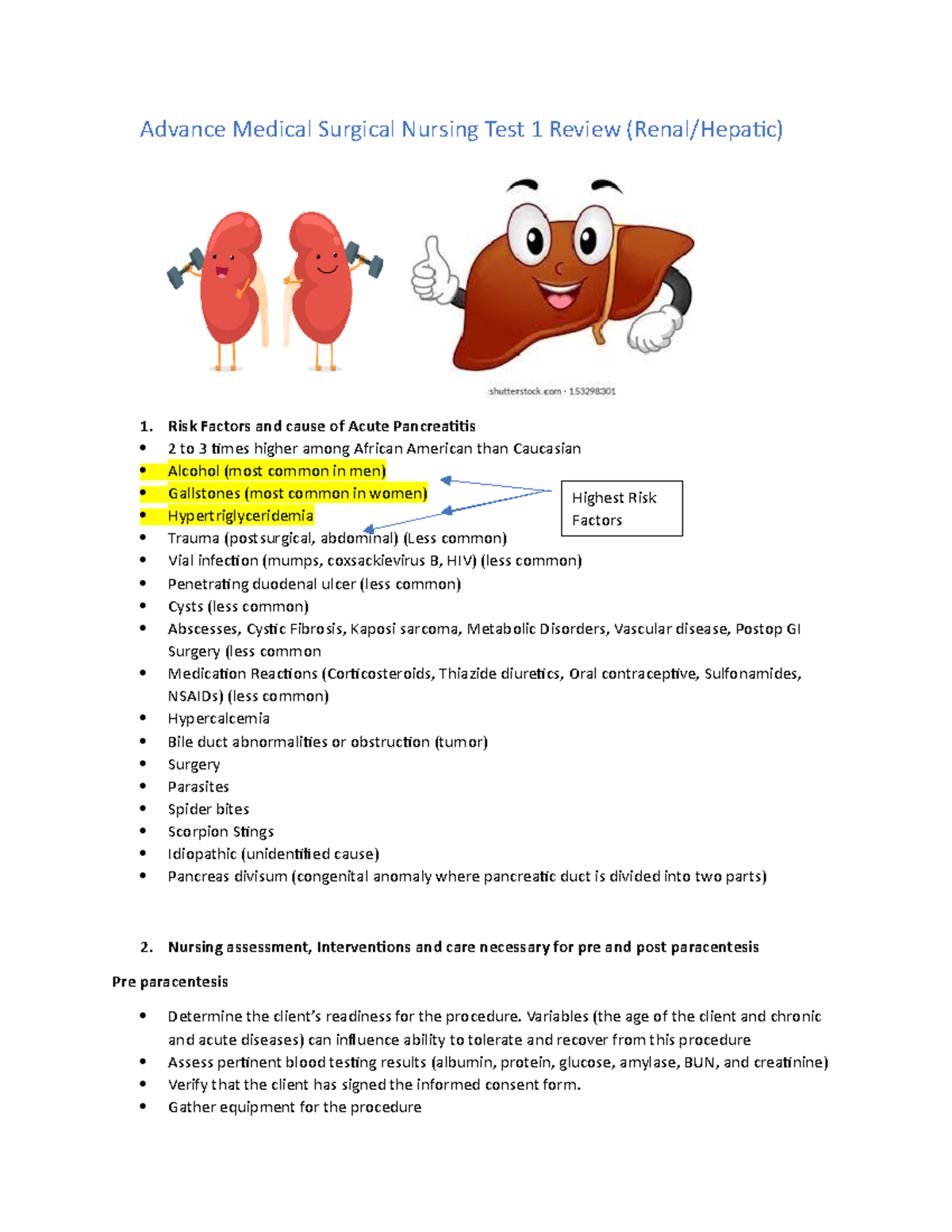 Advance Medical Surgical Nursing Test 1 Review - Risk Factors and cause ...