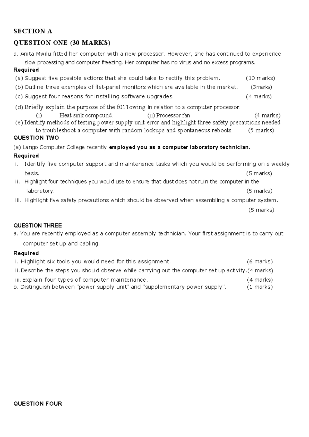 Elementary Computer Support and Maintenance - QUESTION FOUR SECTION A QUESTION ONE (30 MARKS) a ...
