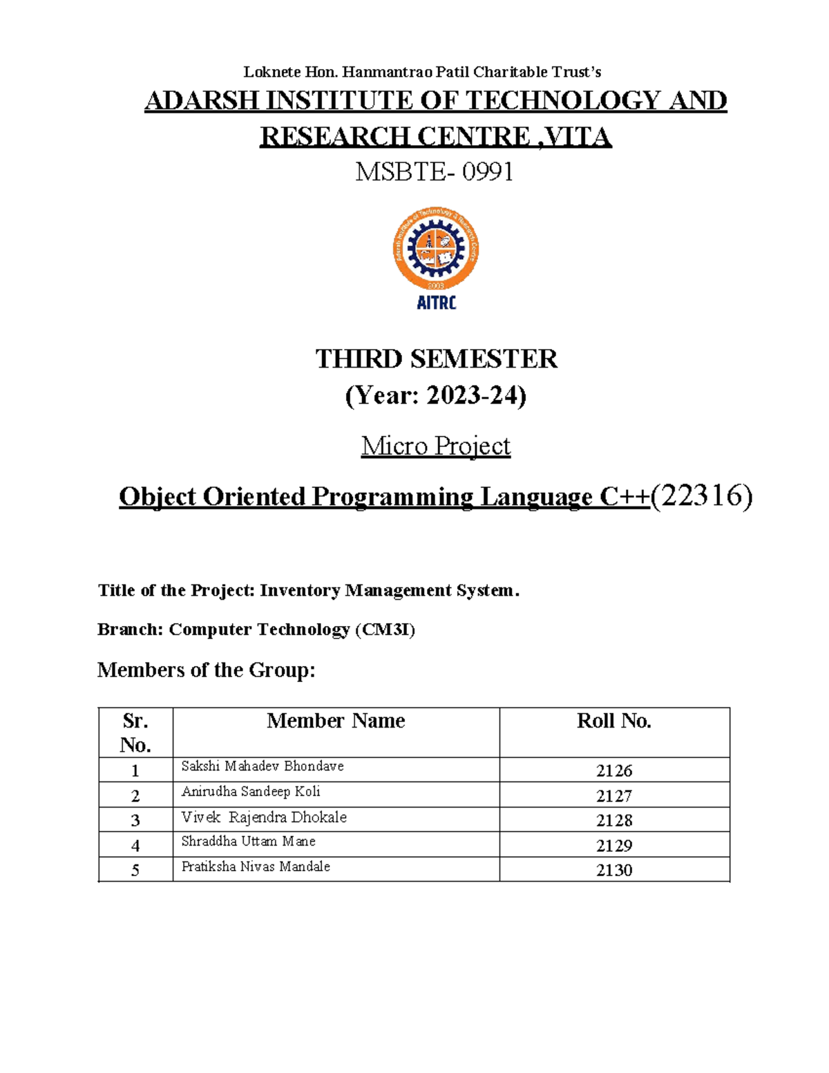 Oop microproject 123 22 - Loknete Hon. Hanmantrao Patil Charitable Trust’s ADARSH INSTITUTE OF ...
