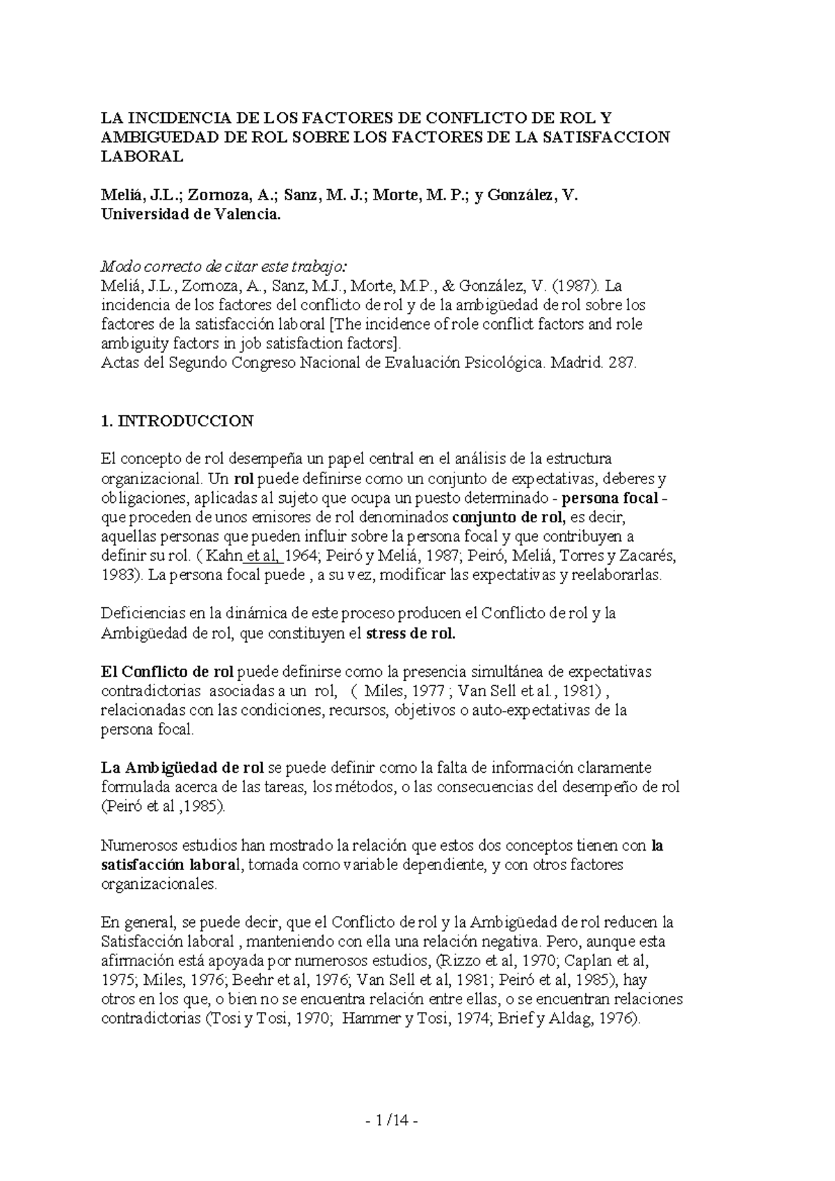 Conflicto DE ROL Sobre Satisfacción Laboral - LA INCIDENCIA DE LOS ...