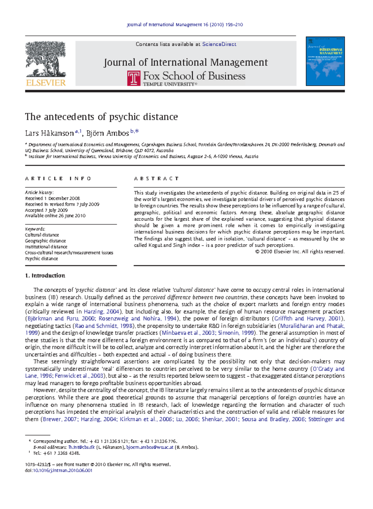 IBS article antecedents of PD - The antecedents of psychic distance ...