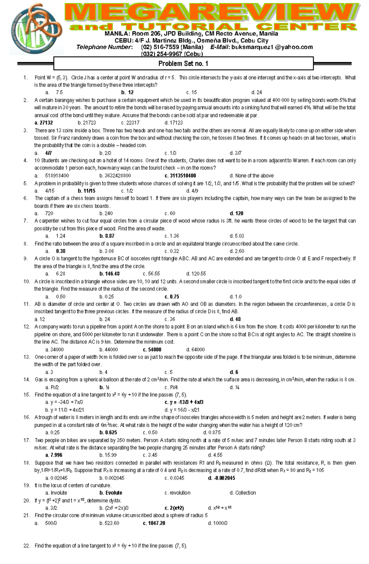 Answer Problem set 1 - Review subject - MANILA: Room 206, JPD Building ...