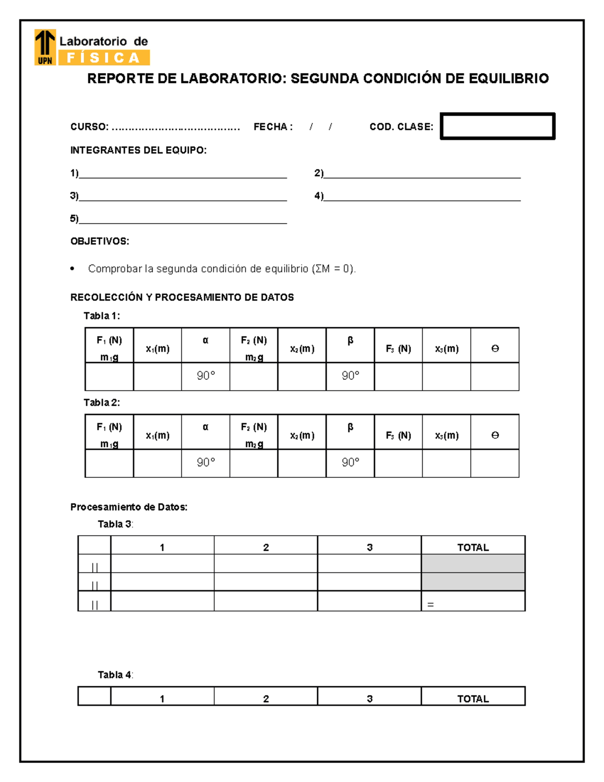 Reporte LAB Fisiarq S06 2CE - REPORTE DE LABORATORIO: SEGUNDA CONDICIÓN DE EQUILIBRIO CURSO ...