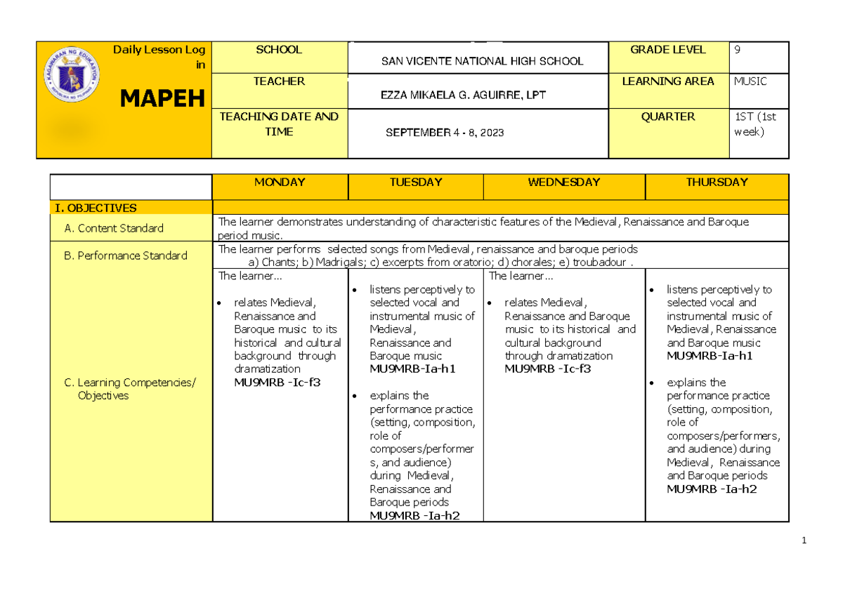 Q1 Grade 9 Music DLL Week 1 - MONDAY TUESDAY WEDNESDAY THURSDAY I ...