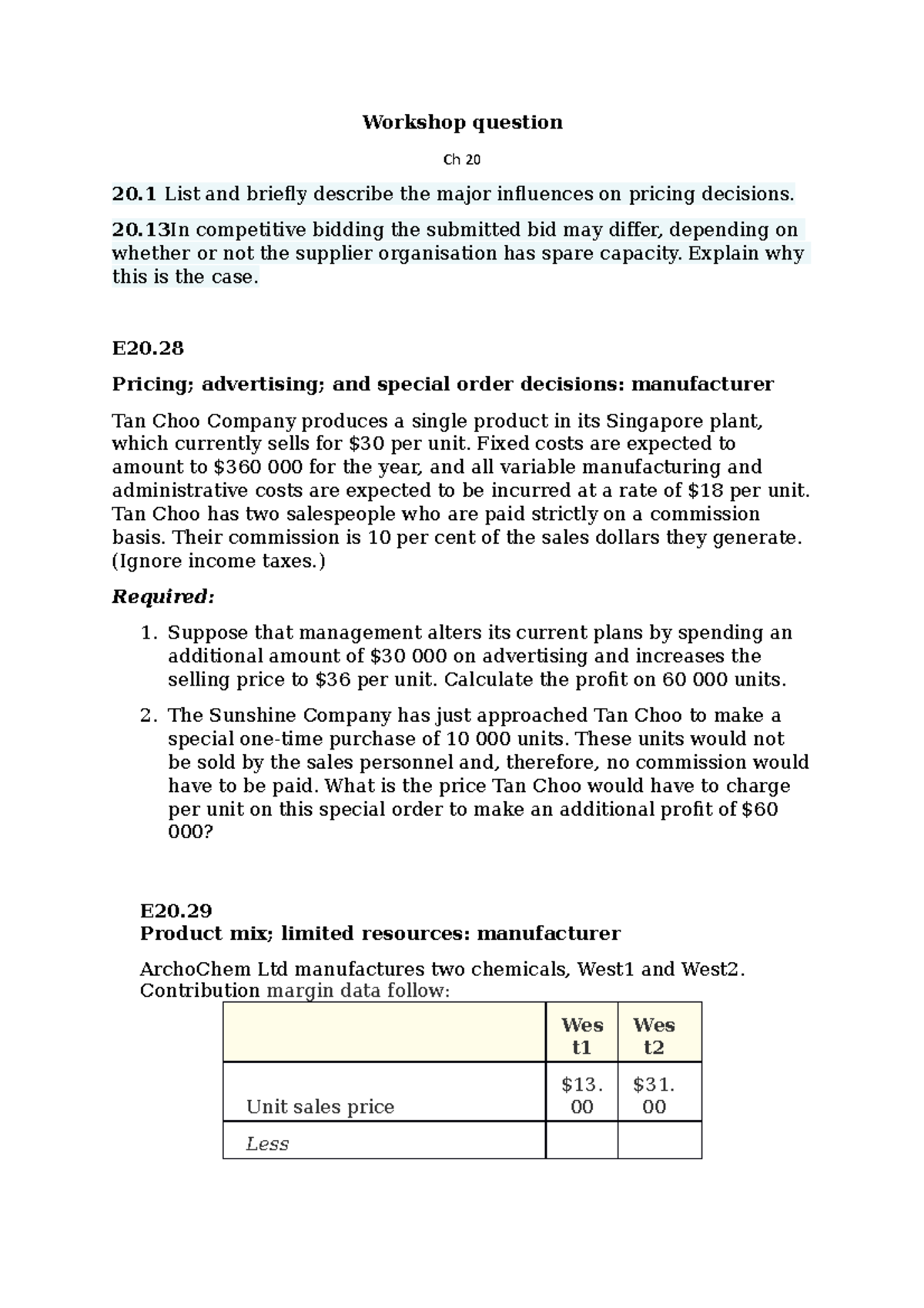 Workshop 9 question Ch 20(1) SMA - Workshop question Ch 20 20 List and ...