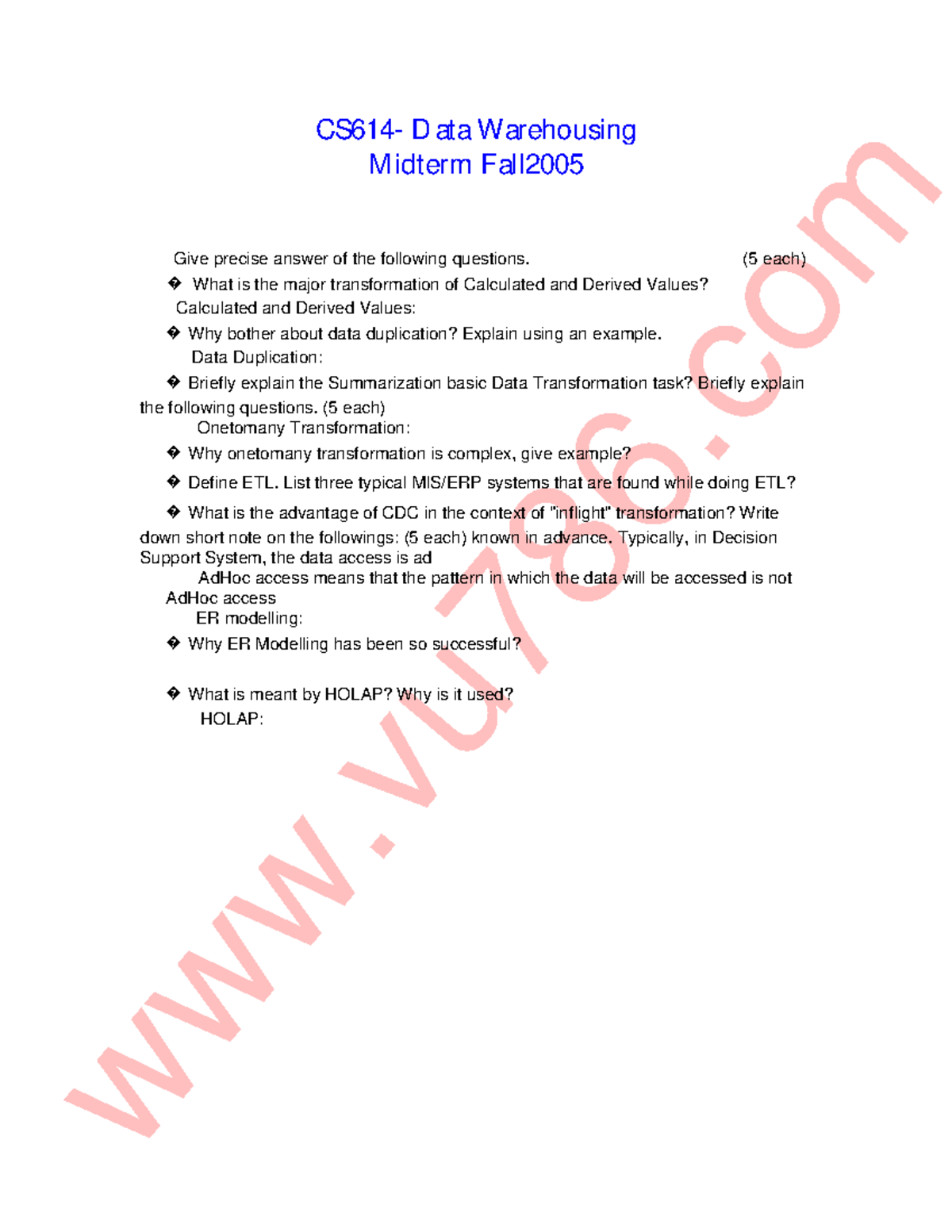Cs614 MidTerm pastpapers - vu786 CS614- Data Warehousing Midterm Fall ...
